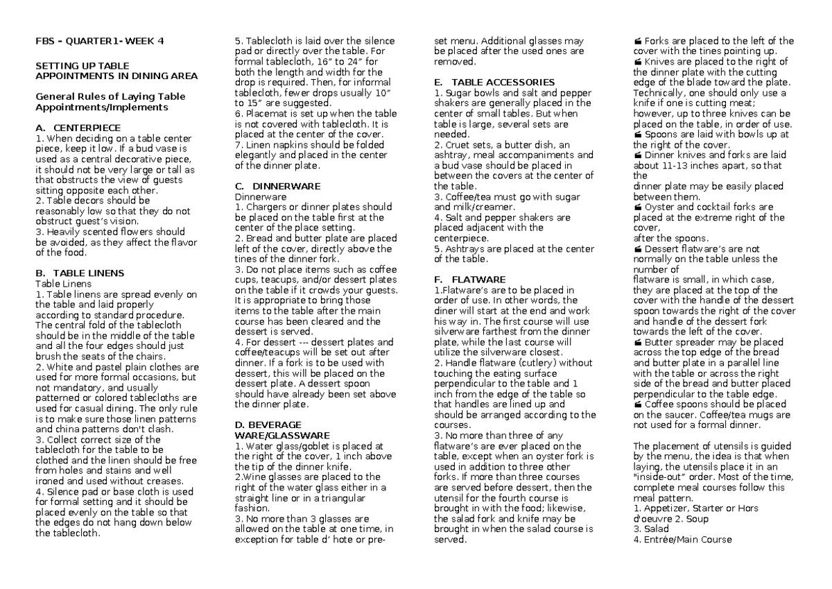 FBS-Q1W4 Handouts - PE AND HEALTH - FBS – QUARTER1- WEEK 4 SETTING UP TABLE APPOINTMENTS IN ...