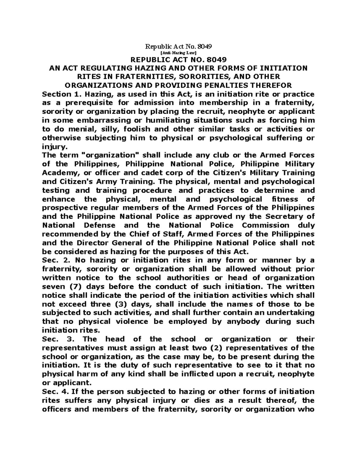 ANTI- Hazing LAW - Republic Act No. 8049 [Anti-Hazing Law] REPUBLIC ACT ...