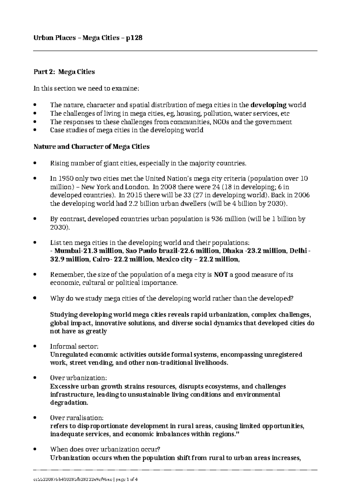 1b - Mega Cities Intro Worksheet - Urban Places – Mega Cities – p Part 2: Mega Cities In this ...