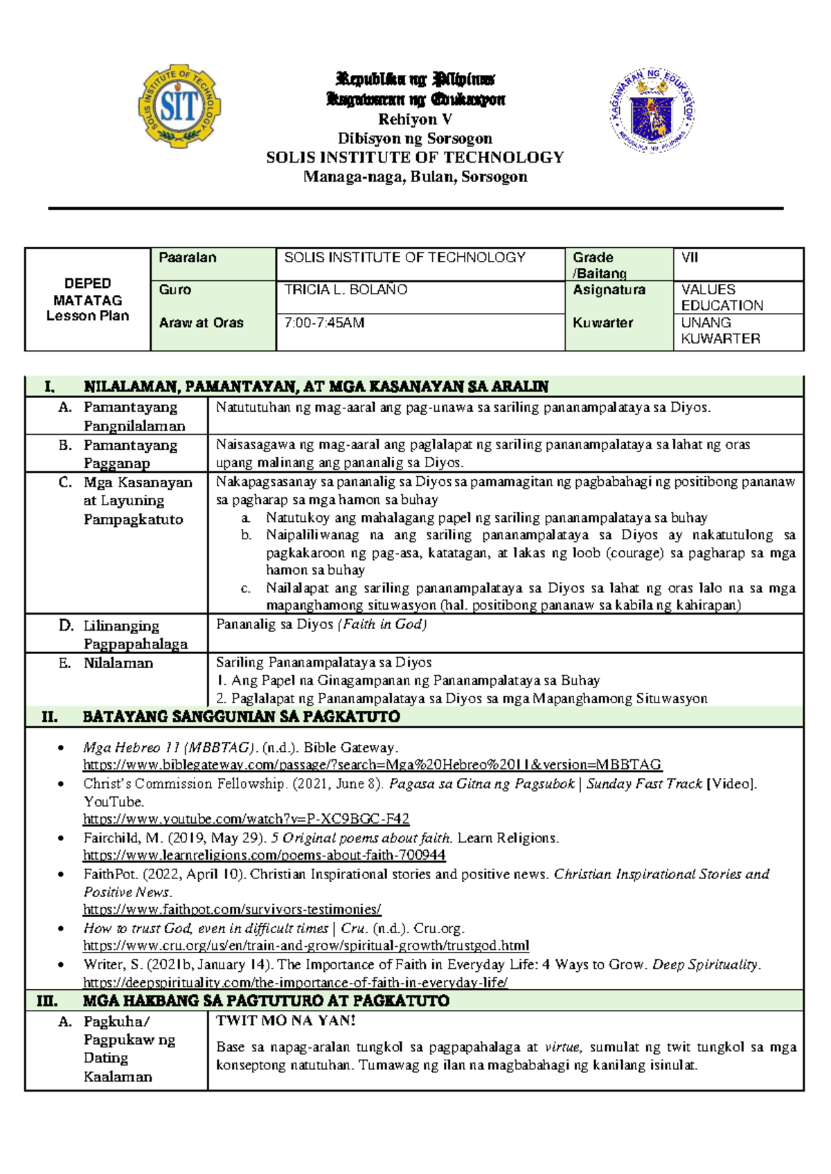 LP-Matatag-VE - Lesson Plan - Republika ng Pilipinas Kagawaran ng Edukasyon Rehiyon V Dibisyon ...