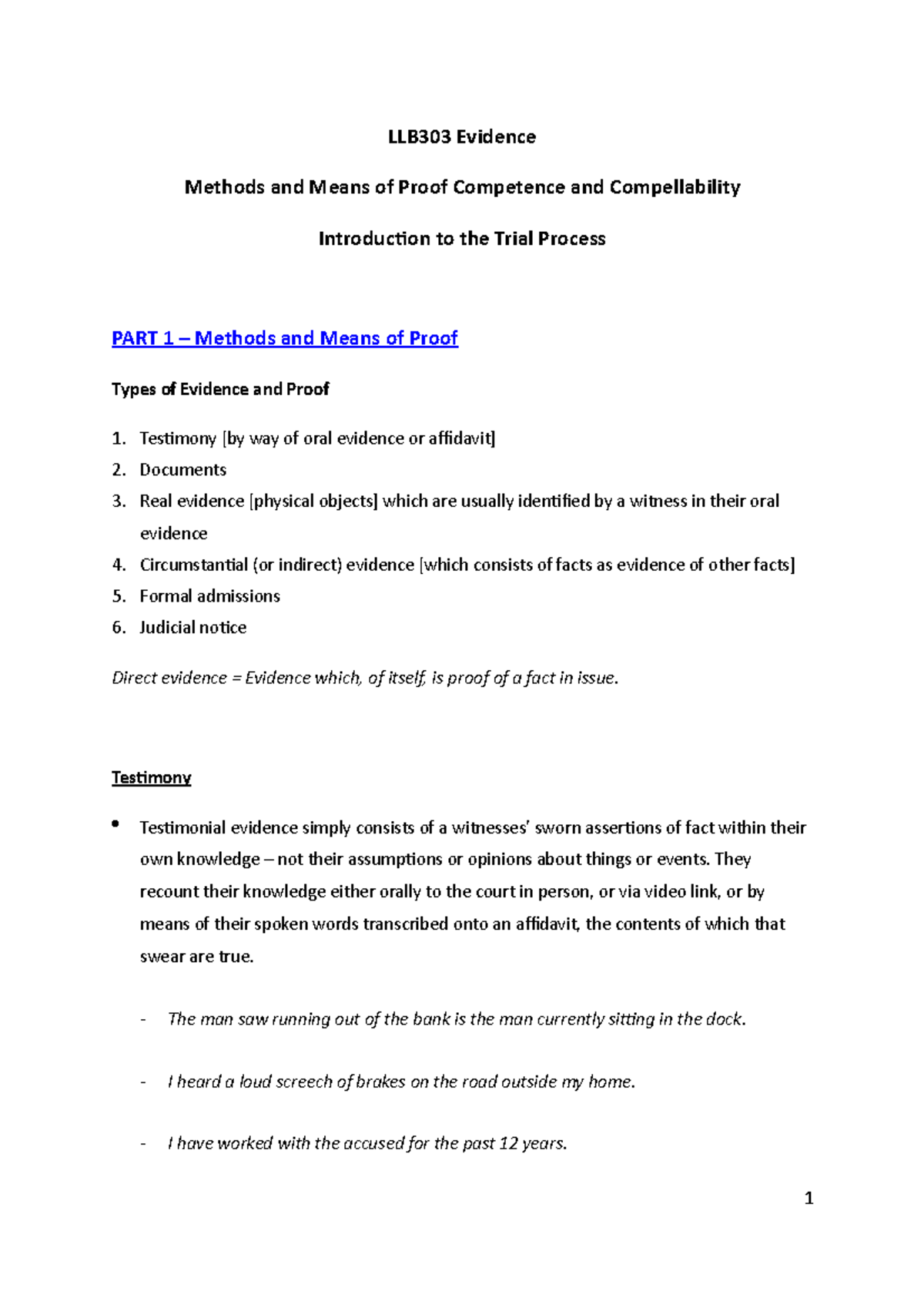 LLB303 Evidence - Week 3 - LLB303 Evidence Methods and Means of Proof ...