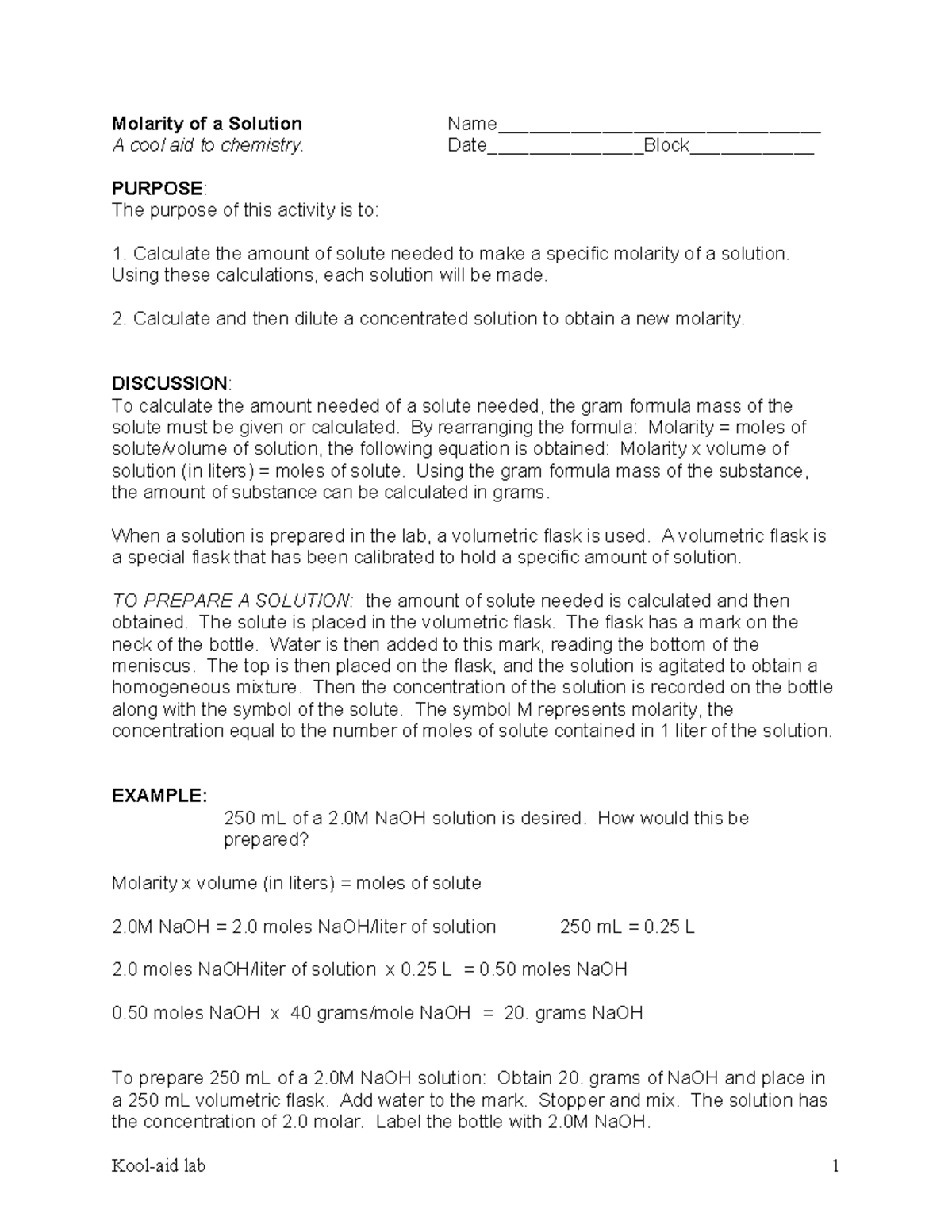 Koolaid lab - Chem lab - Molarity of a Solution Name ...
