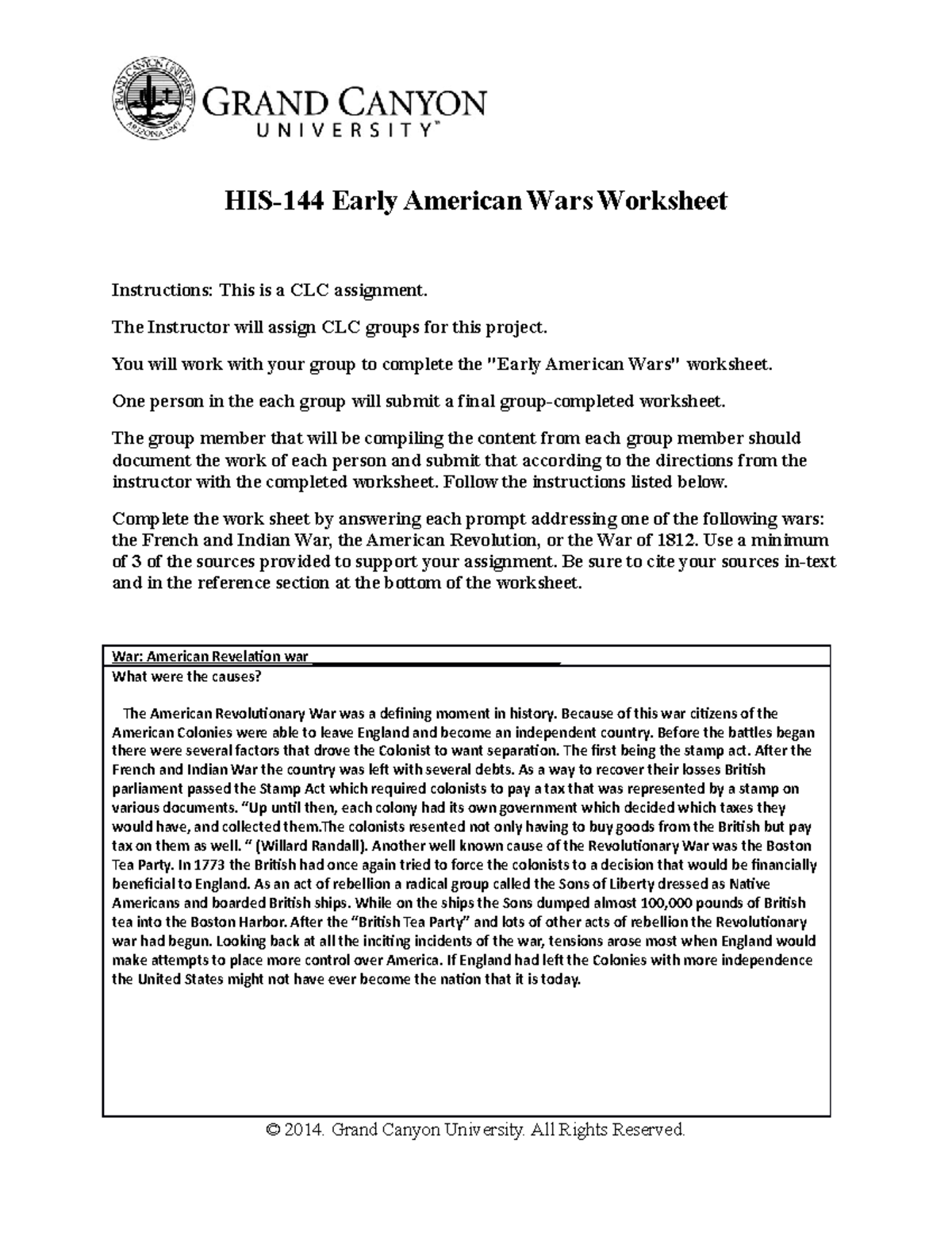 HIS-144 CLC Early American Wars Worksheet - HIS-144 Early American Wars ...