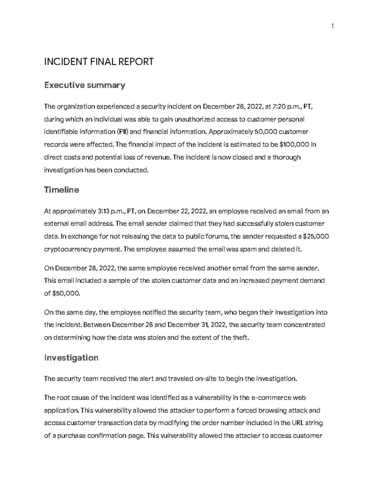 Course NIC x UIT - 1 INCIDENT FINAL REPORT Executive summary The ...
