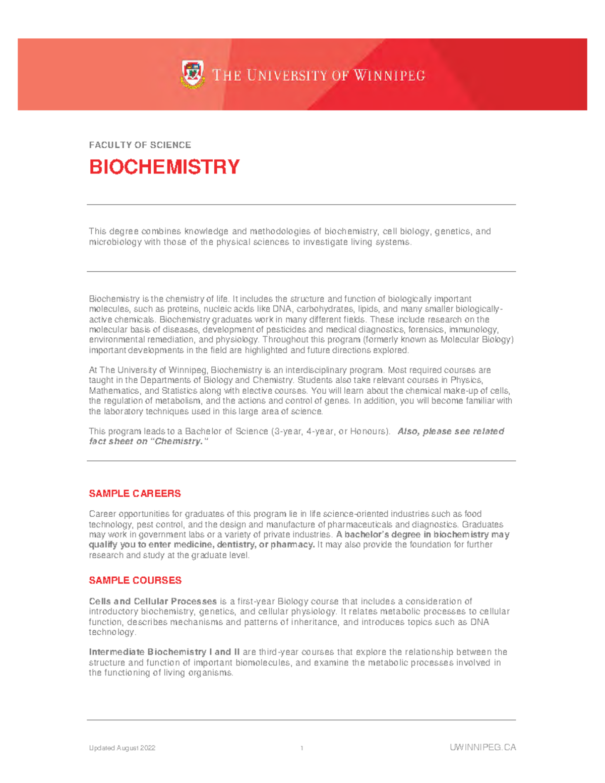 Factsheet-biochemistry - Updated August 2022 1 UWINNIPEG FACULTY OF ...