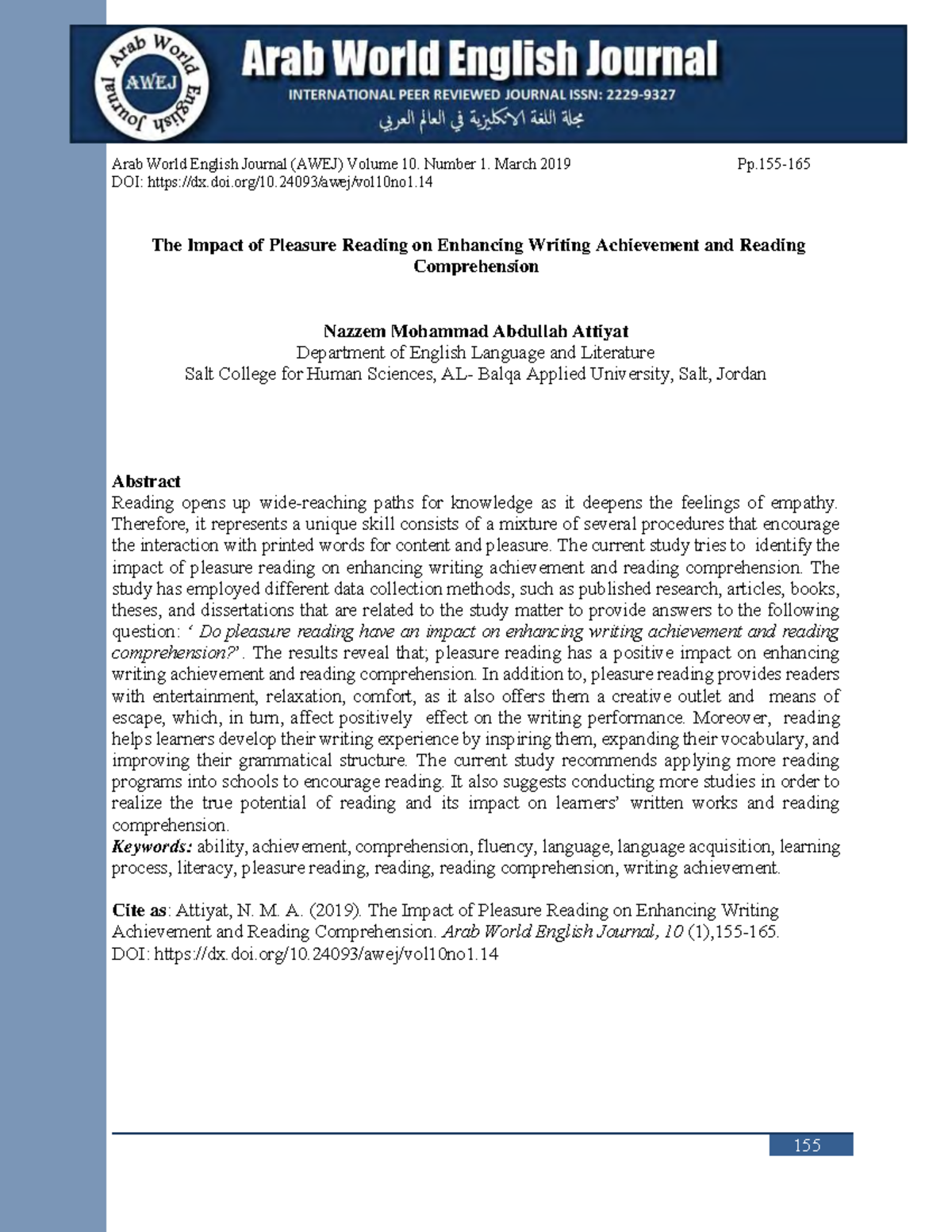 EJ1287708 - Hhgy - 155 Arab World English Journal (AWEJ) Volume 10 ...