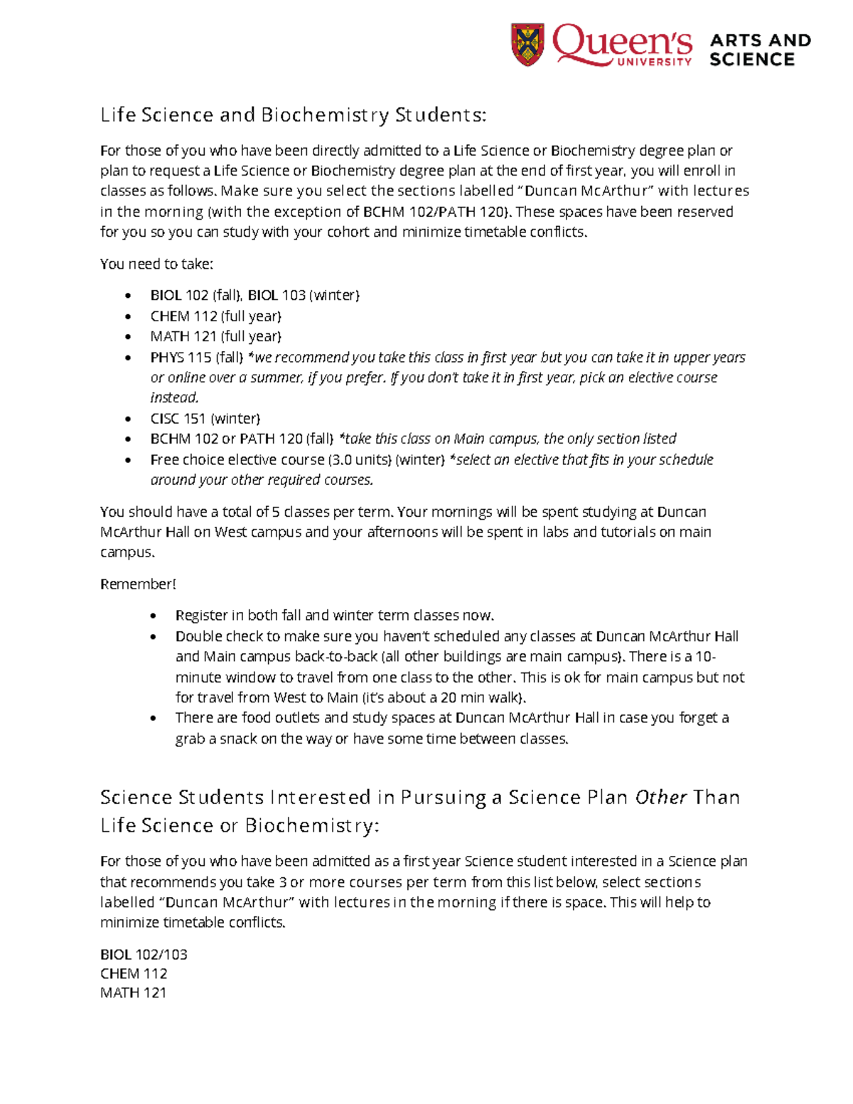 Queens science planner - Life Science and Biochemistry Students: For ...