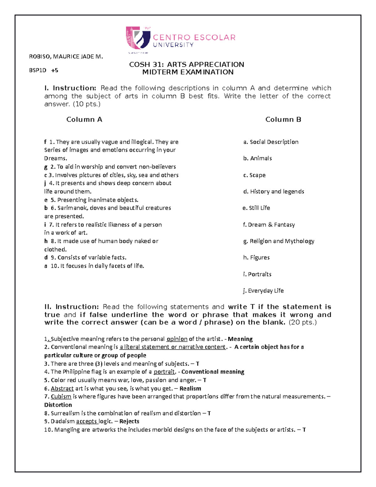 COSH 31 Midterms Examination - COSH 31: ARTS APPRECIATION MIDTERM EXAMINATION I. Instruction ...