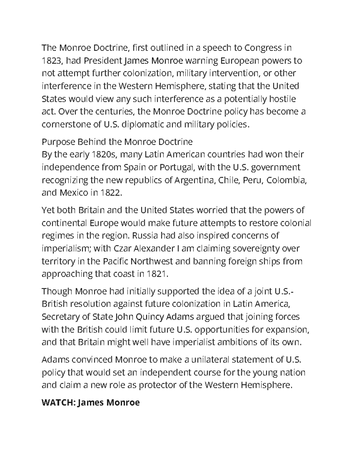 Monroe Doctrine - Notes - The Monroe Doctrine, first outlined in a ...