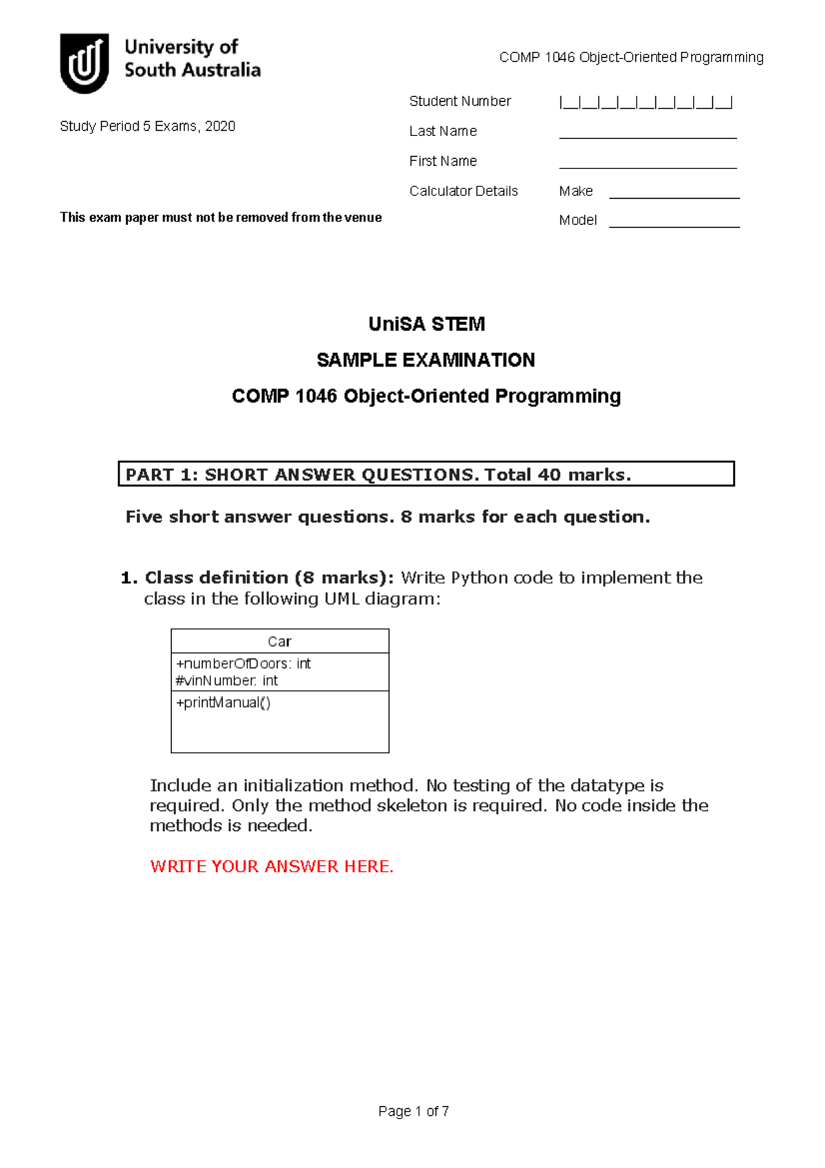 Comp 1046 Sample Exam 2020 Unisa Stem Sample Examination Comp 1046 Object Oriented Programming
