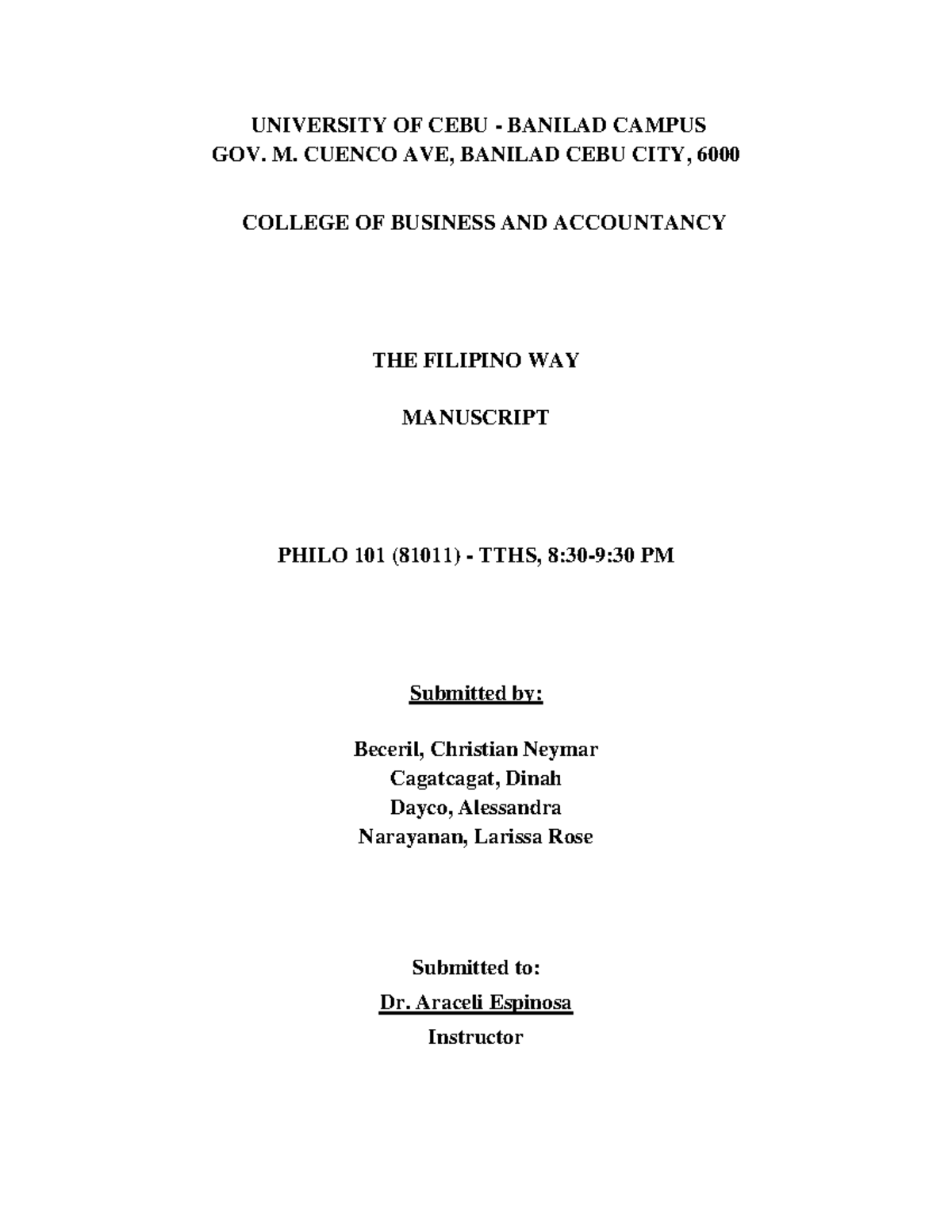 Philo-101-81011- Manuscript THE- Filipino-WAY - UNIVERSITY OF CEBU ...