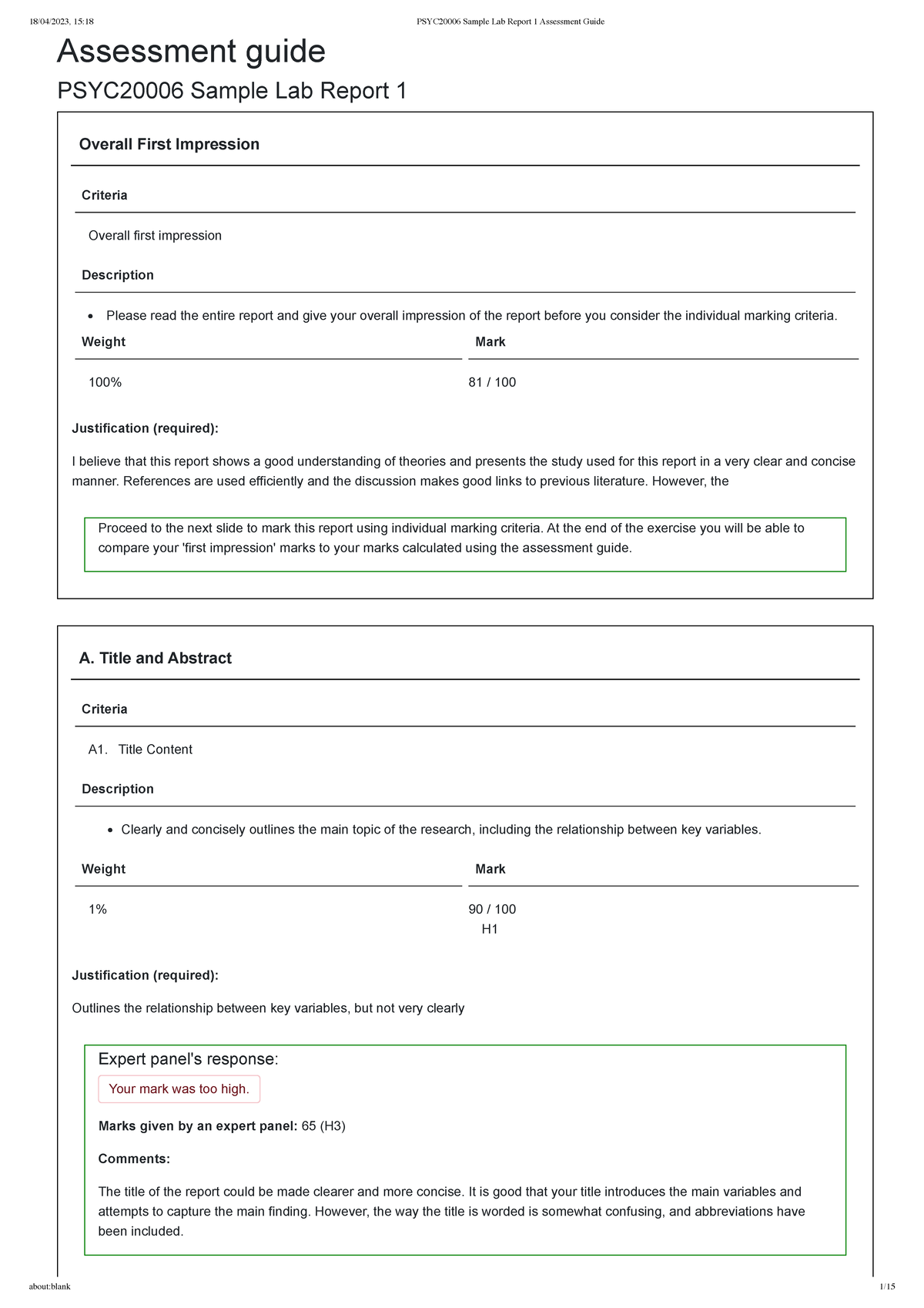 Sample Lab Report 1 ALM - Assessment guide PSYC20006 Sample Lab Report ...