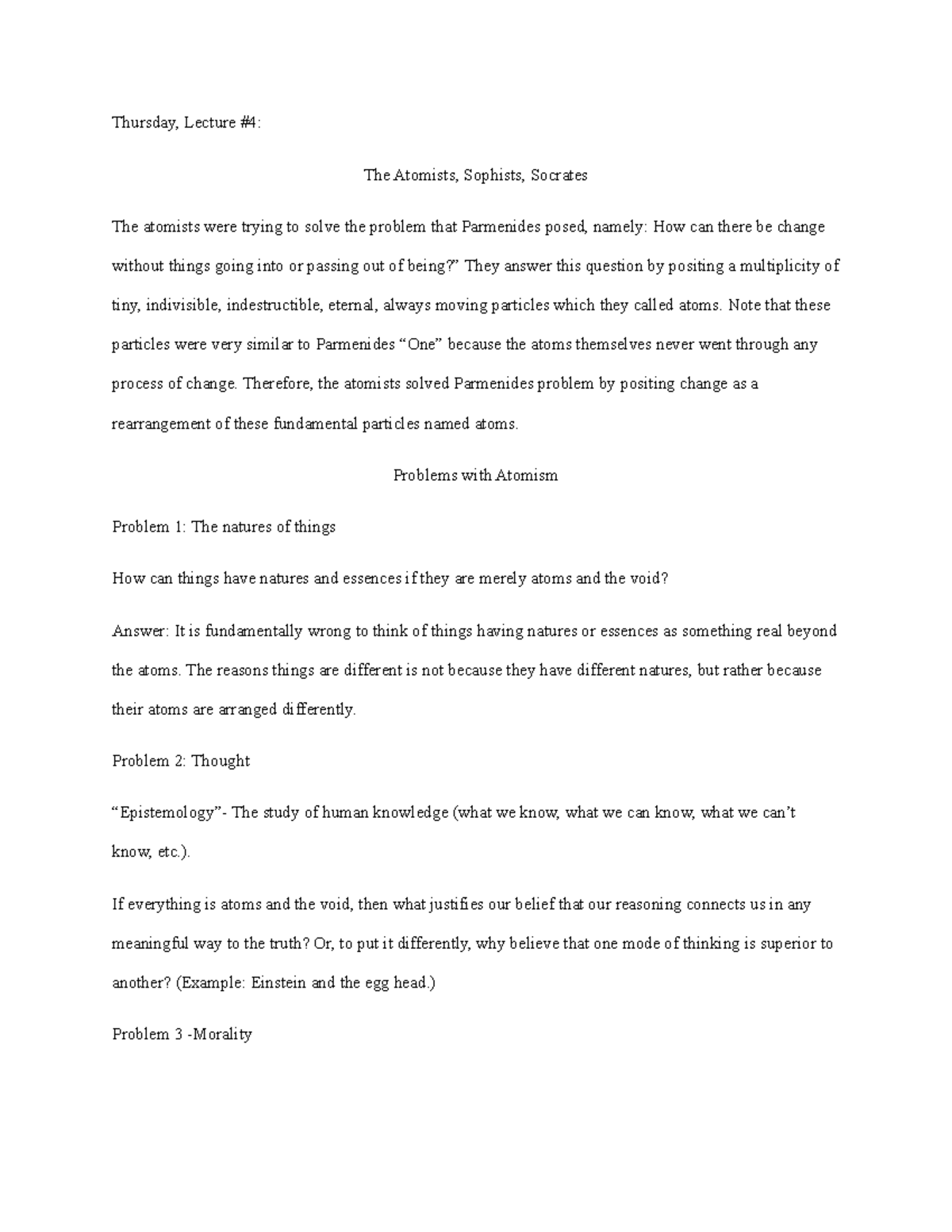 Class Notes - 2 - Thursday, Lecture #4: The Atomists, Sophists ...