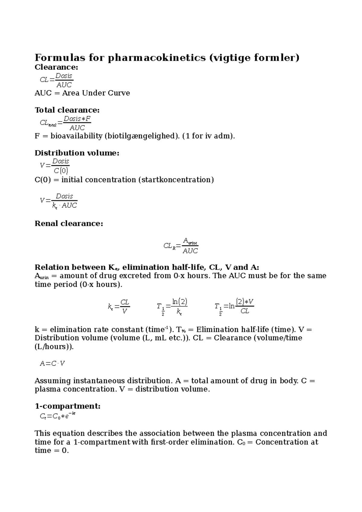 Formler for farmakokinetik - Formulas for pharmacokinetics (vigtige ...