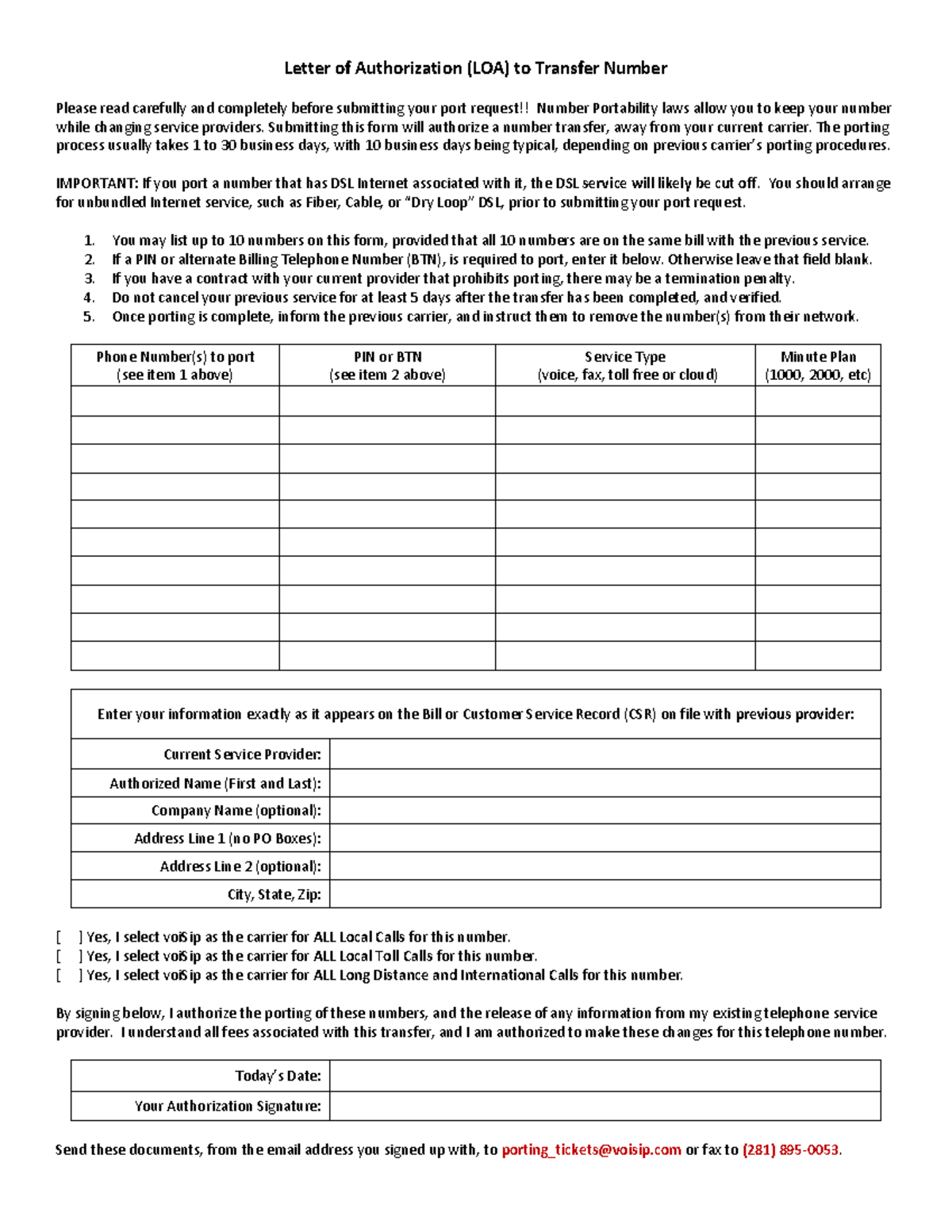 Voisiploa - test - Letter of Authorization (LOA) to Transfer Number ...