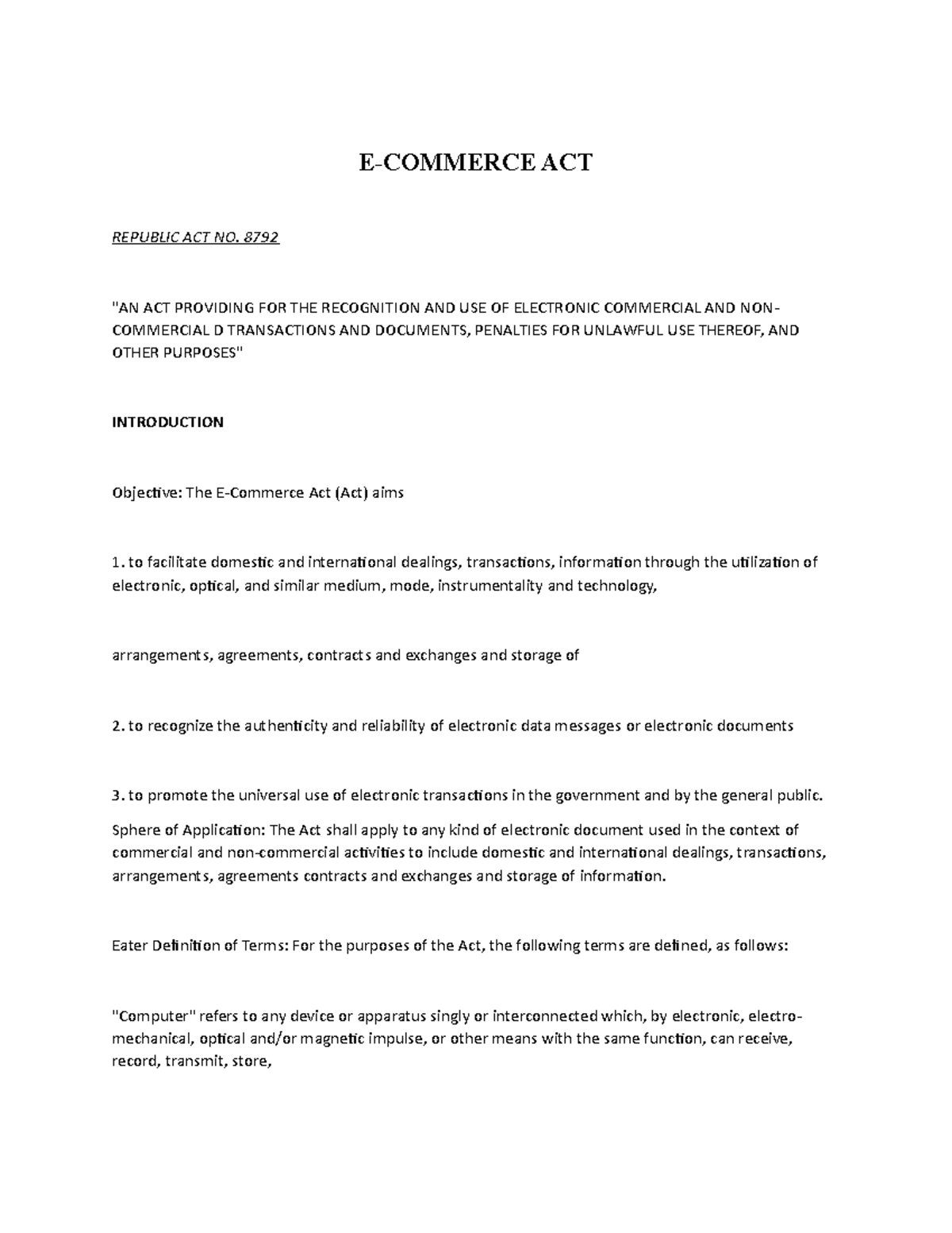 E-Commerce Act - Lecture notes on e-commerce act - E-COMMERCE ACT ...