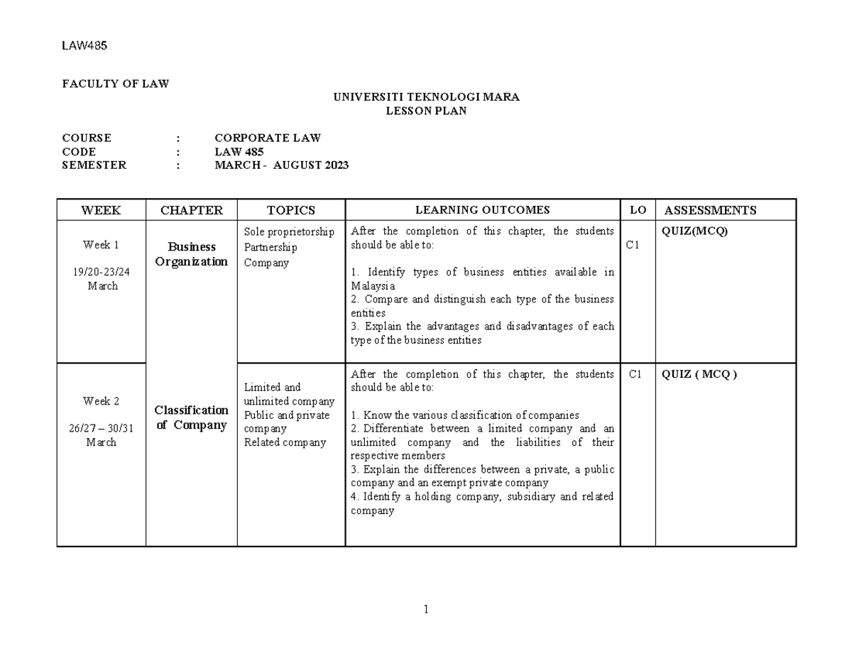 Lesson PLAN LAW485 March AUG23 - FACULTY OF LAW UNIVERSITI TEKNOLOGI ...