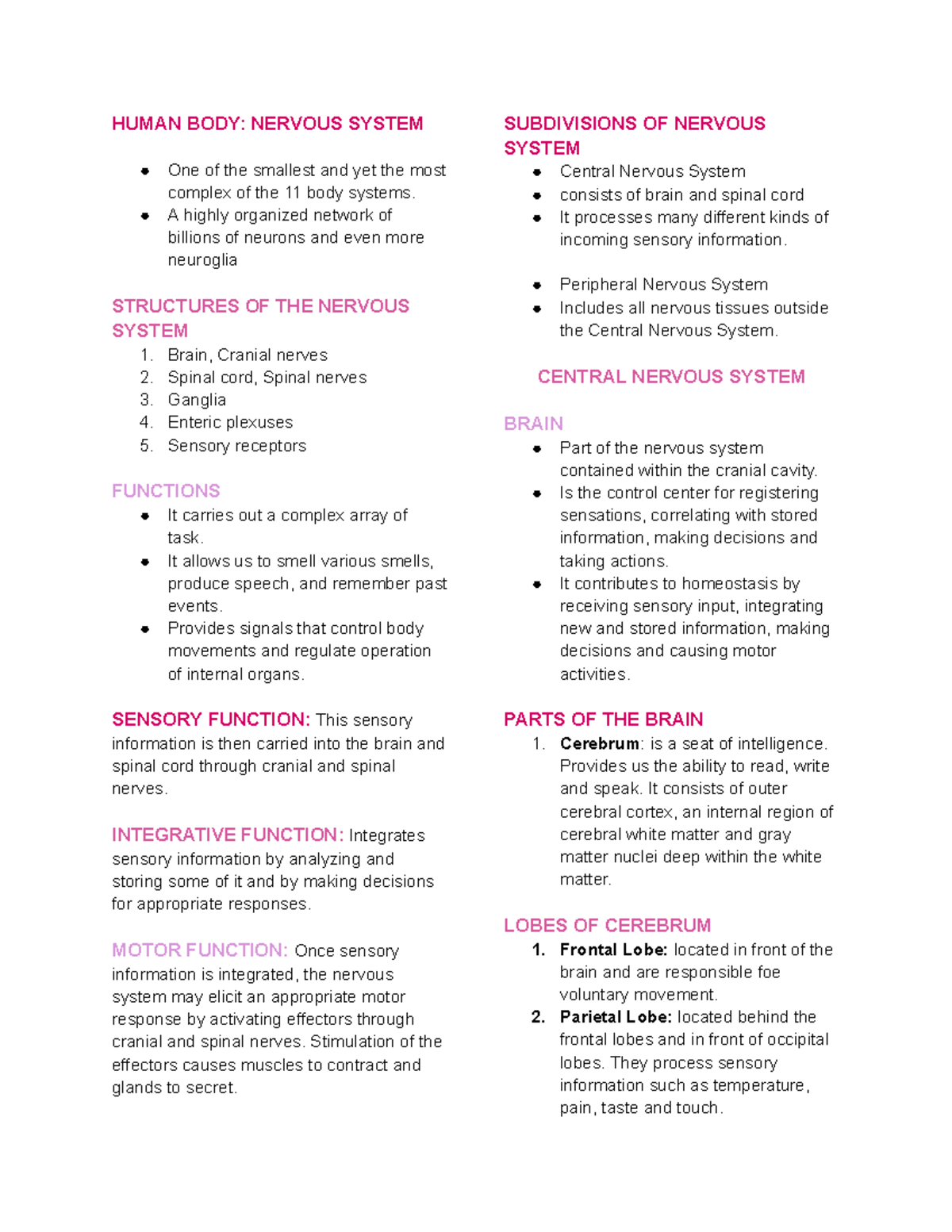 ANPH111- Notes- Midterms - HUMAN BODY: NERVOUS SYSTEM One of the ...