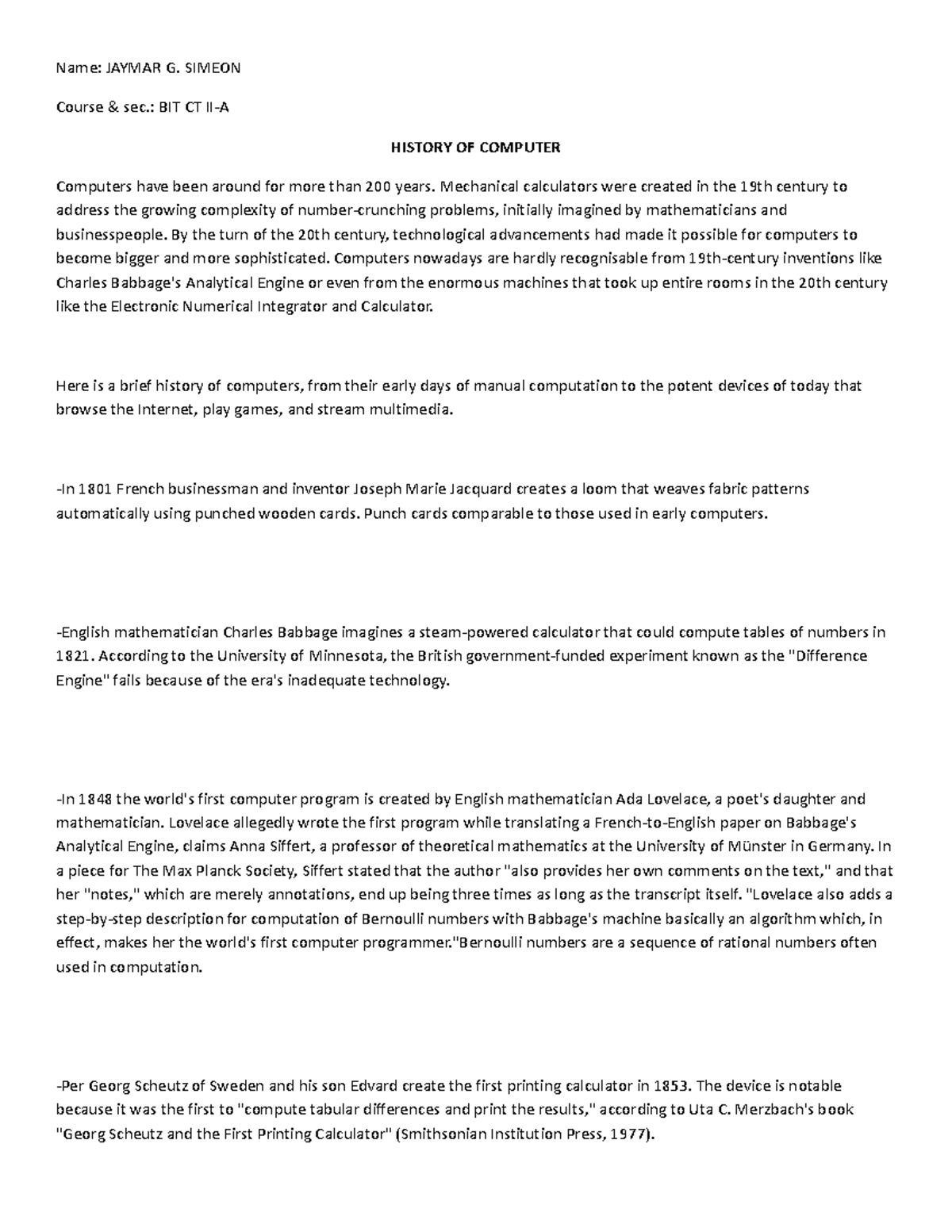 History-of-computer - A project or assignment - Name: JAYMAR G. SIMEON ...
