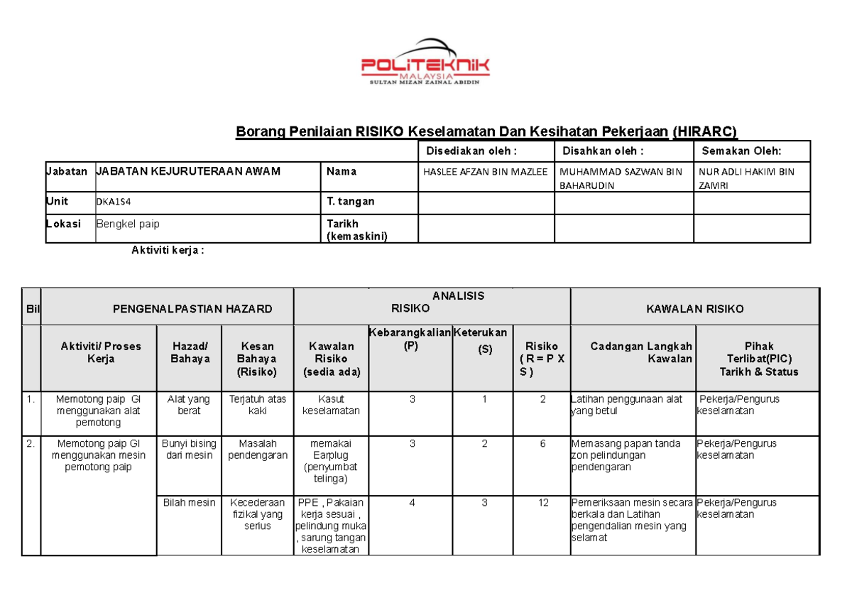 Borang Hirarc pipe - Test - Borang Penilaian RISIKO Keselamatan Dan ...