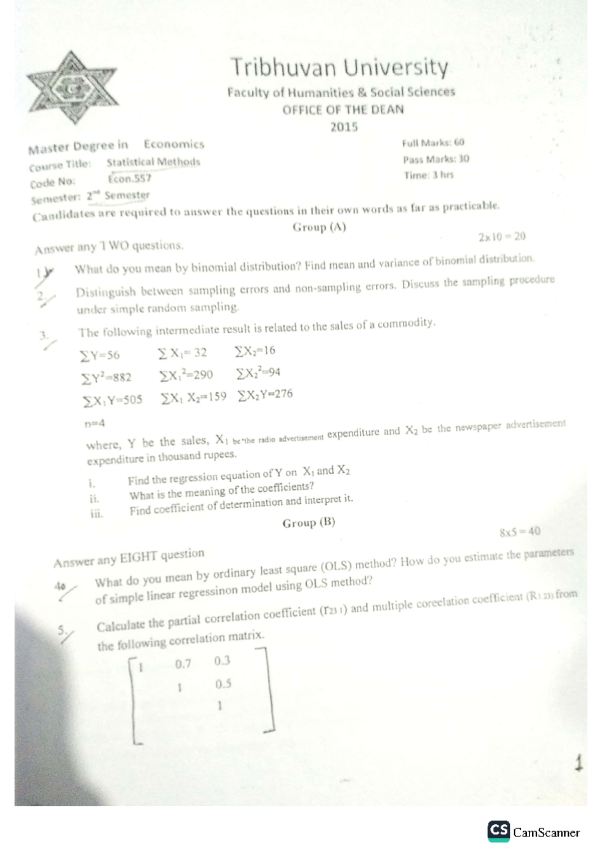 Statistics Questions - sabf fefs - Tribhuvan University Faculty of ...