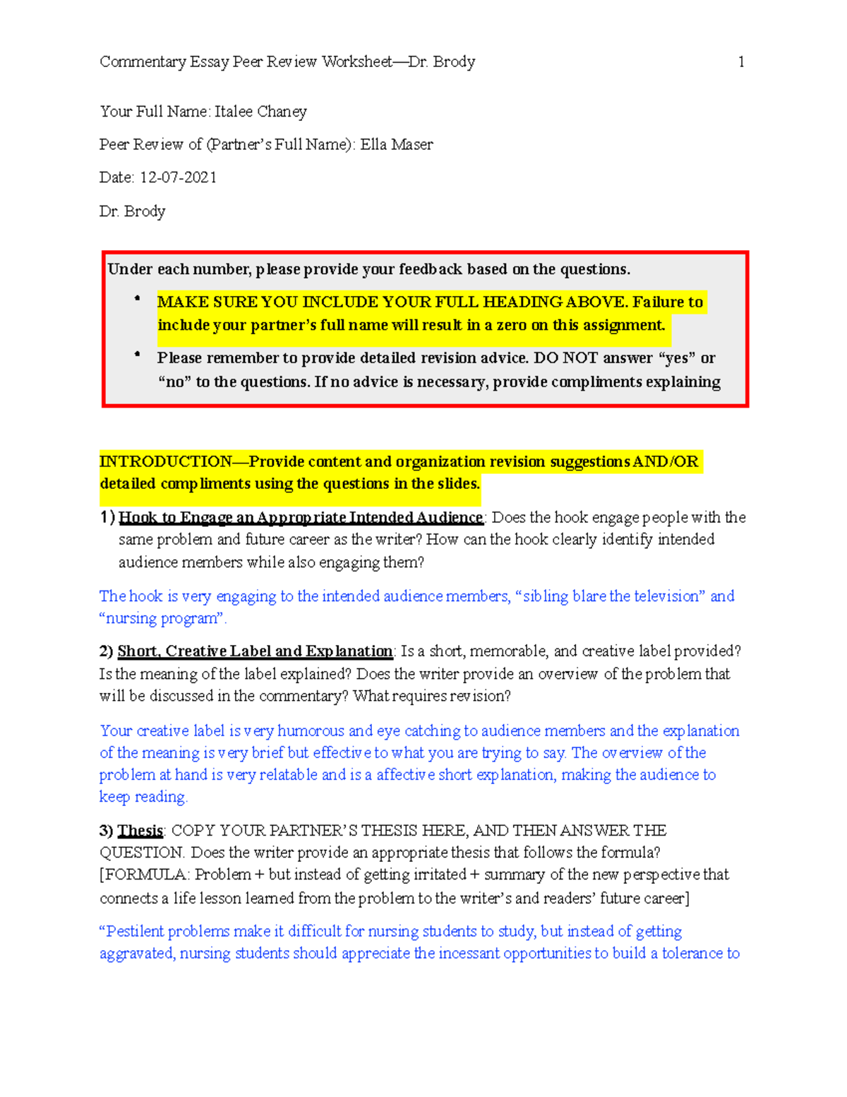 Commentary Peer Review Worksheet - Your Full Name: Italee Chaney Peer ...