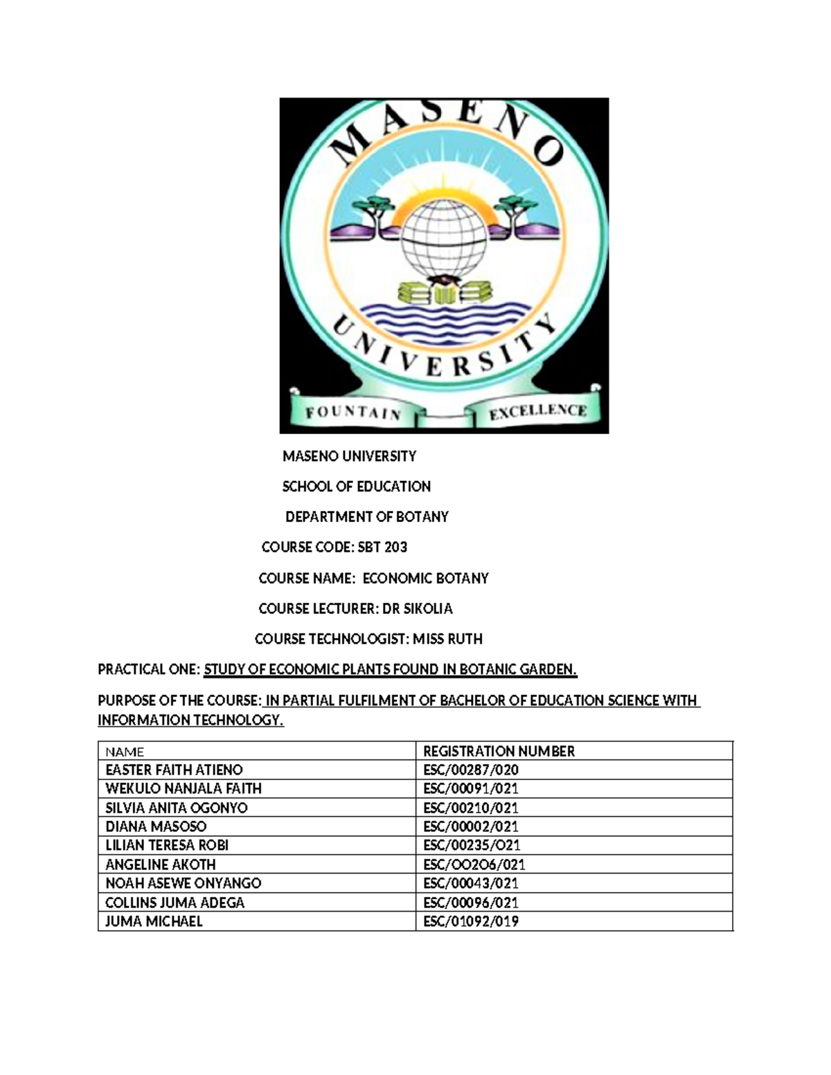 Economic botany - UNDERGRADUATE - MASENO UNIVERSITY SCHOOL OF EDUCATION ...