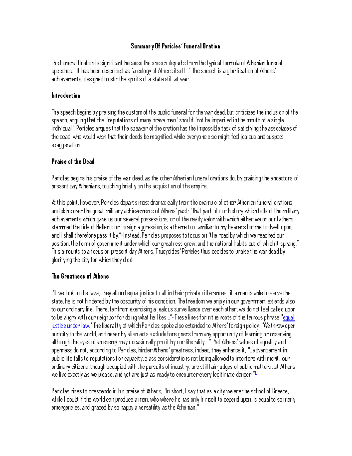 Summary of Pericles Funeral Oration - Summary Of Pericles’ Funeral ...