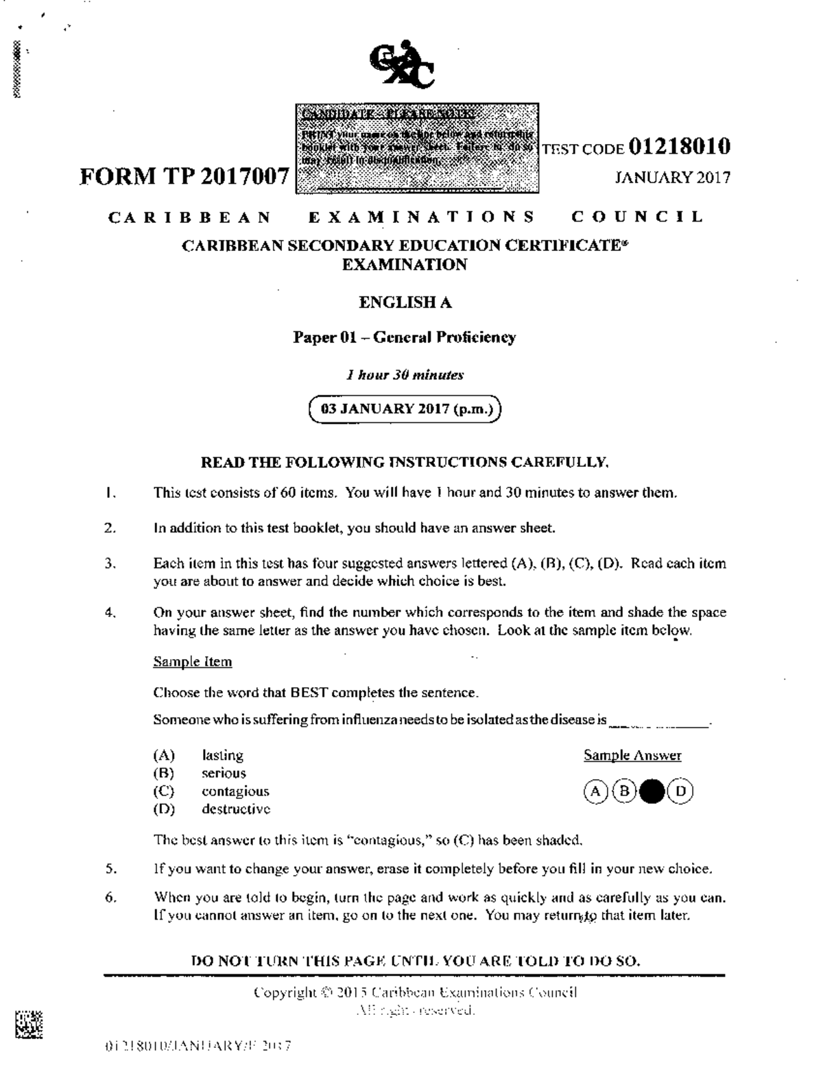 Sample/practice exam 23 June 2018, questions - tr ffi ffi TEST CODE OI ...