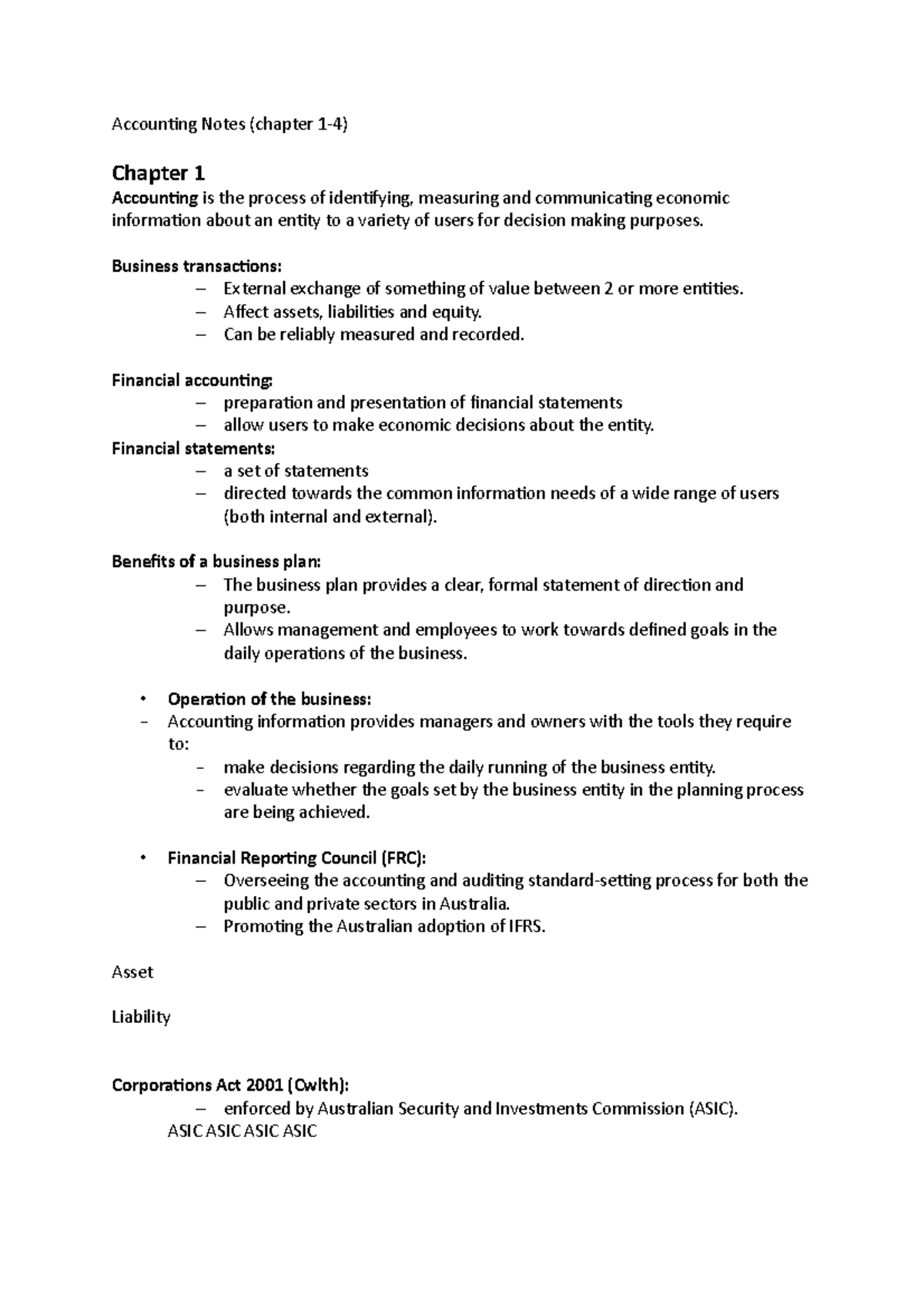 Accounting Notes (for test) - Accounting Notes (chapter 1-4) Chapter 1 ...