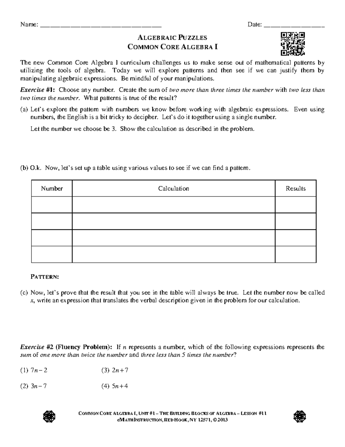 Math(12) - Algebraic puzzles in lesson 1-11. - Name