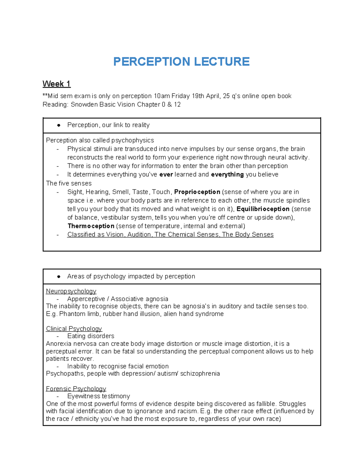 PSYU2239 Lecture 1-3 - PERCEPTION LECTURE Week 1 **Mid sem exam is only on perception 10am ...