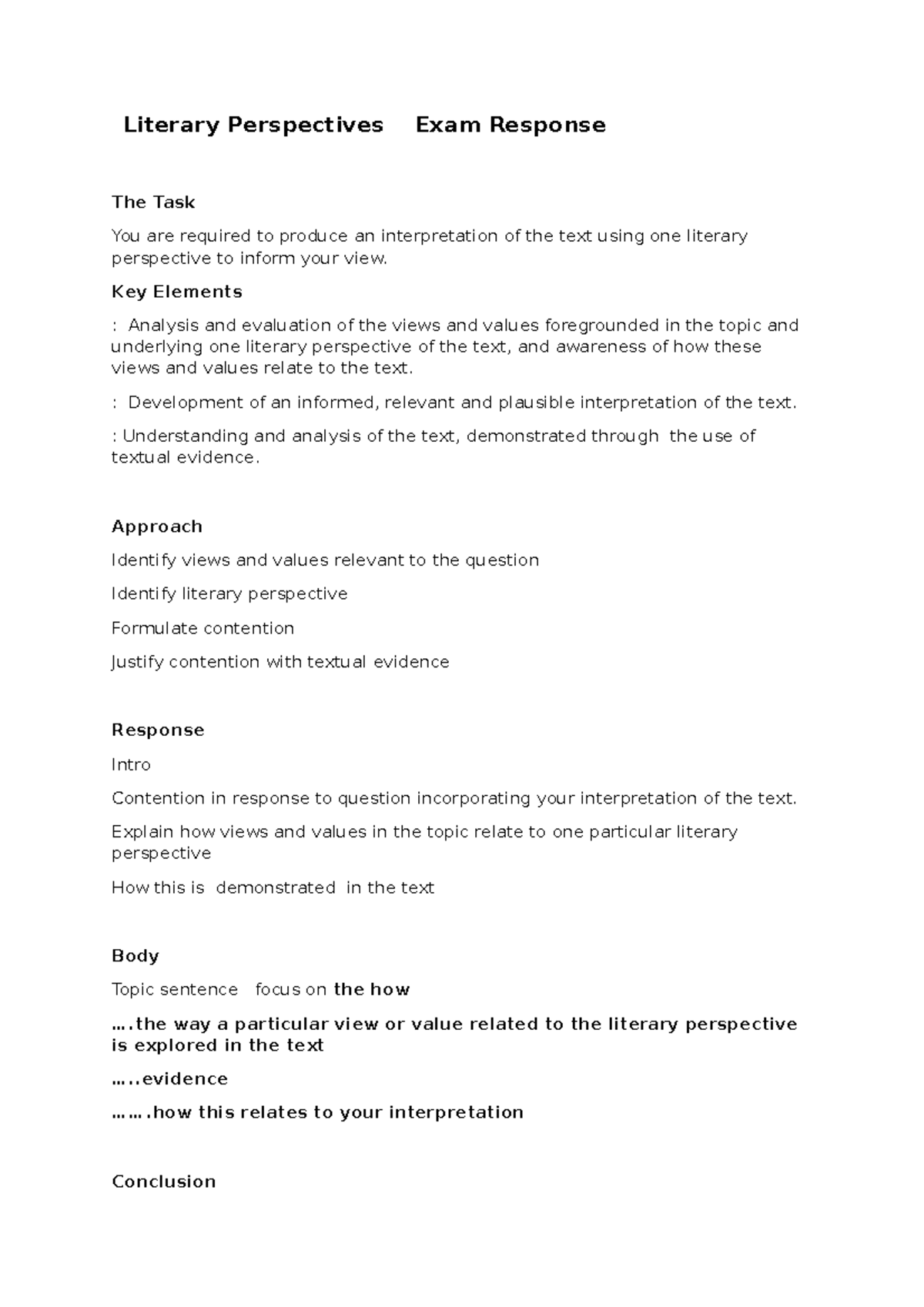 Literary Perspectives Exam Response - Key Elements : Analysis and ...