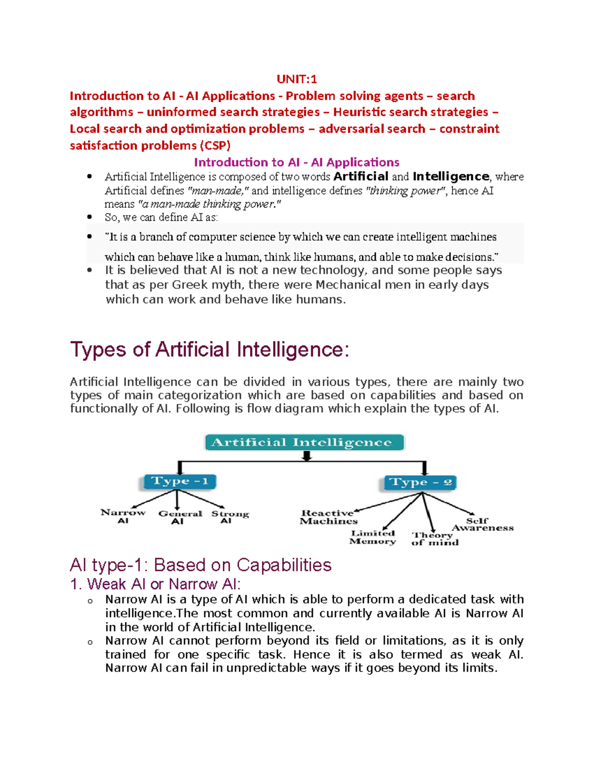 Introduction to AI - dvdv - UNIT: Introduction to AI - AI Applications - Problem solving agents ...