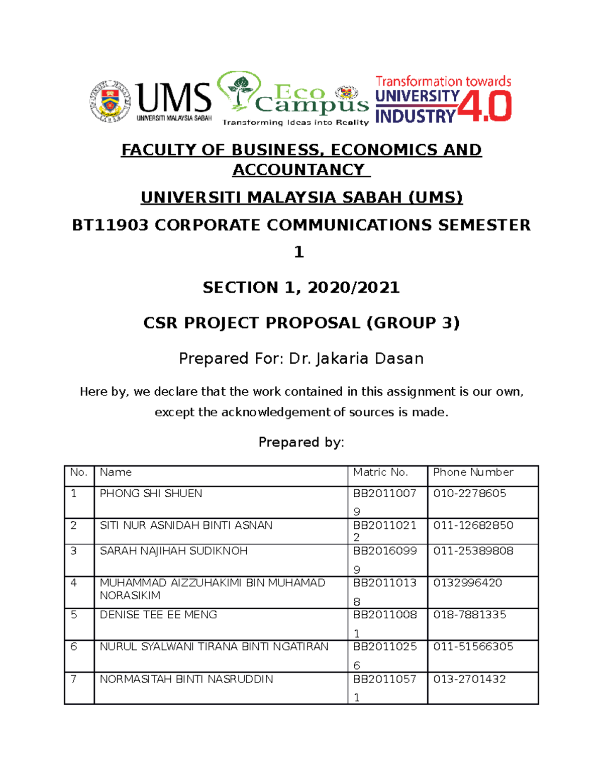CSR Project Proposal Final 1 1 - FACULTY OF BUSINESS, ECONOMICS AND ...