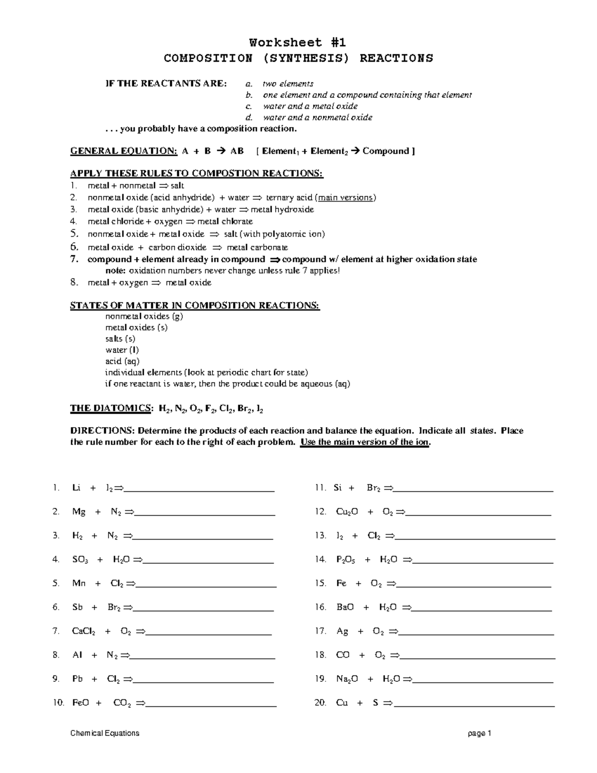 4.4 Types of Chemical Reactions Combined Worksheet - Worksheet ...