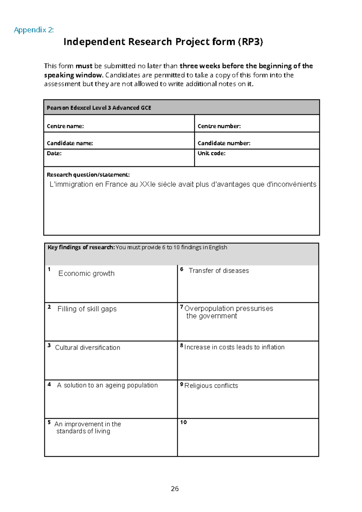 Francais IRP - yes - 26 Appendix 2: Independent Research Project form ...