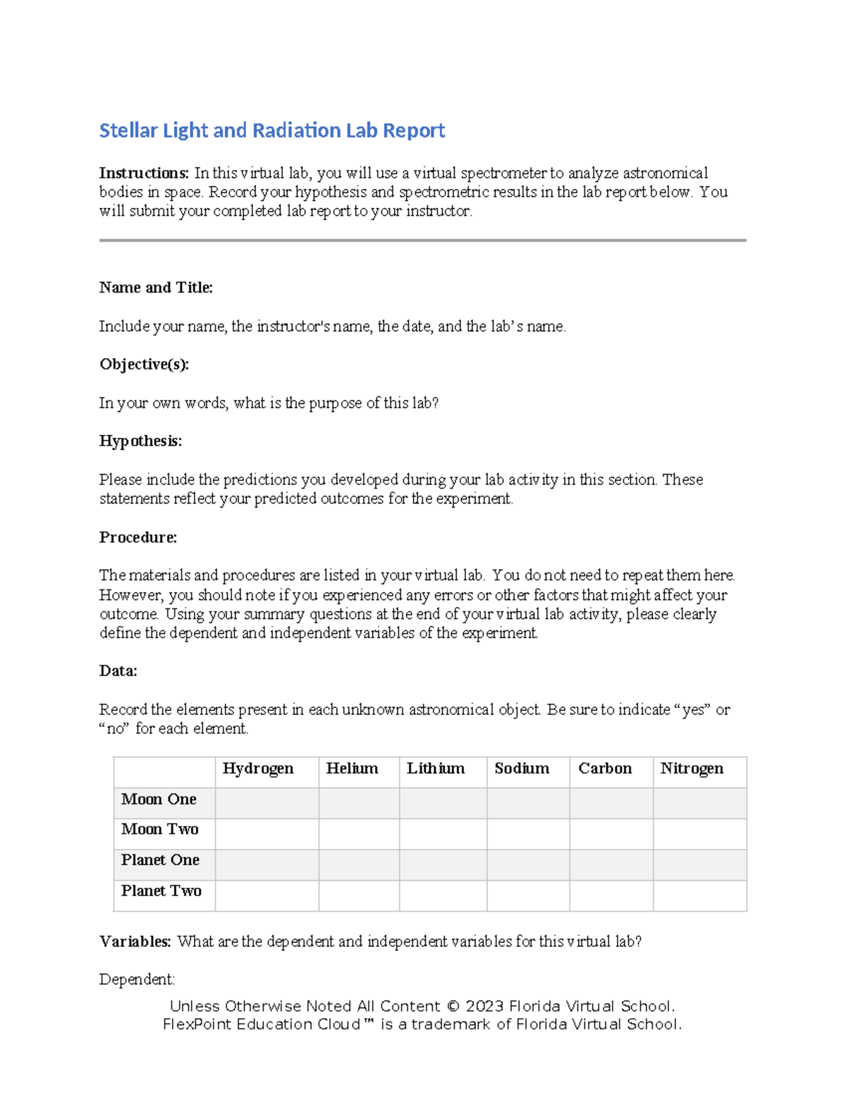 Stellar light radiation lab report - Stellar Light and Radiation Lab ...