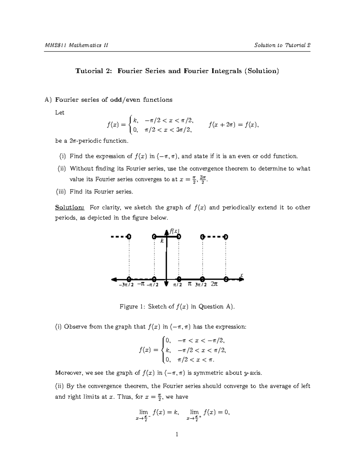 Tutorial 2-Solution-MH2811 - Tutorial 2: Fourier Series and Fourier Integrals (Solution) A ...