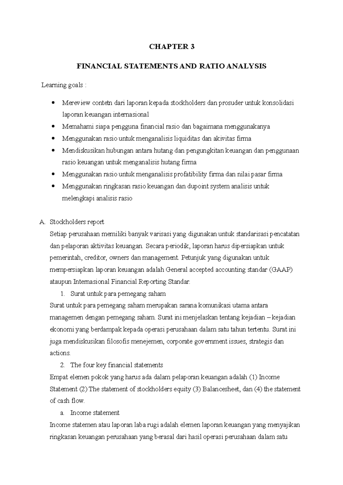 Financial statement and ratio analysis - CHAPTER 3 FINANCIAL STATEMENTS ...