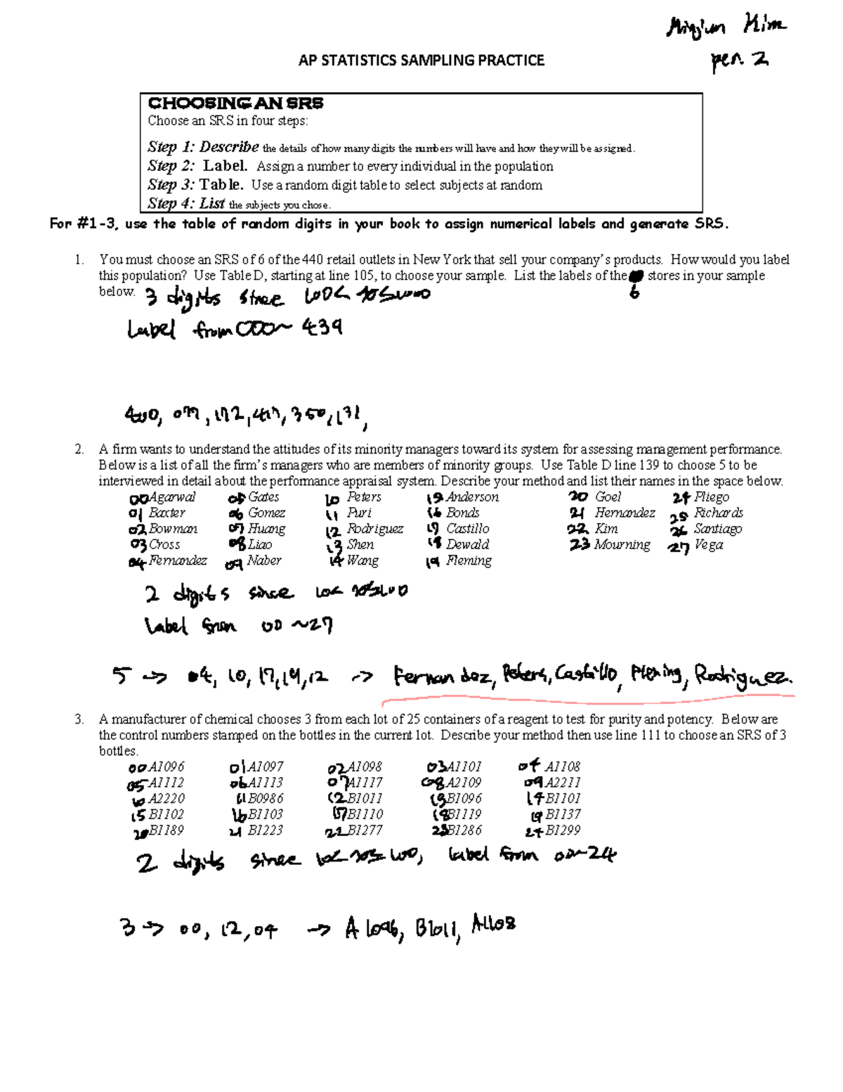 4-1 CW sampling practice - AP STATISTICS SAMPLING PRACTICE CHOOSING AN ...