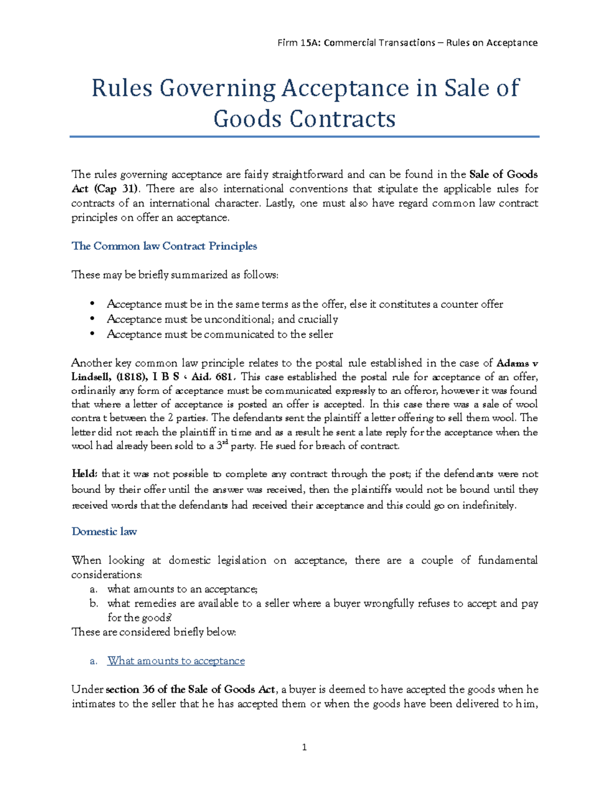 F15A - Rules on Acceptance (Sale of Goods) - Rules Governing Acceptance ...