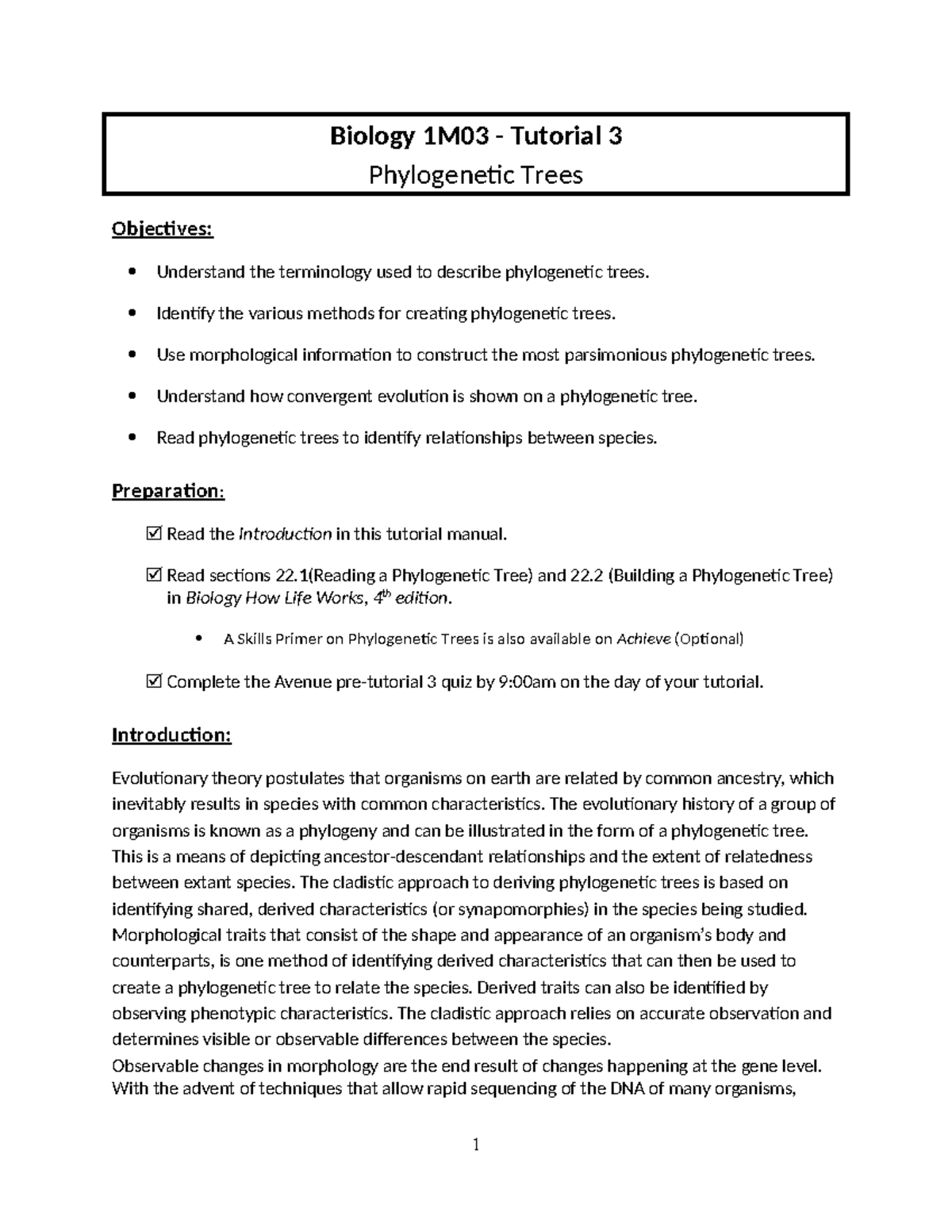 Tutorial 3 Phylogenetic Trees Instructions - Biology 1M03 - Tutorial 3 Phylogenetic Trees - Studocu
