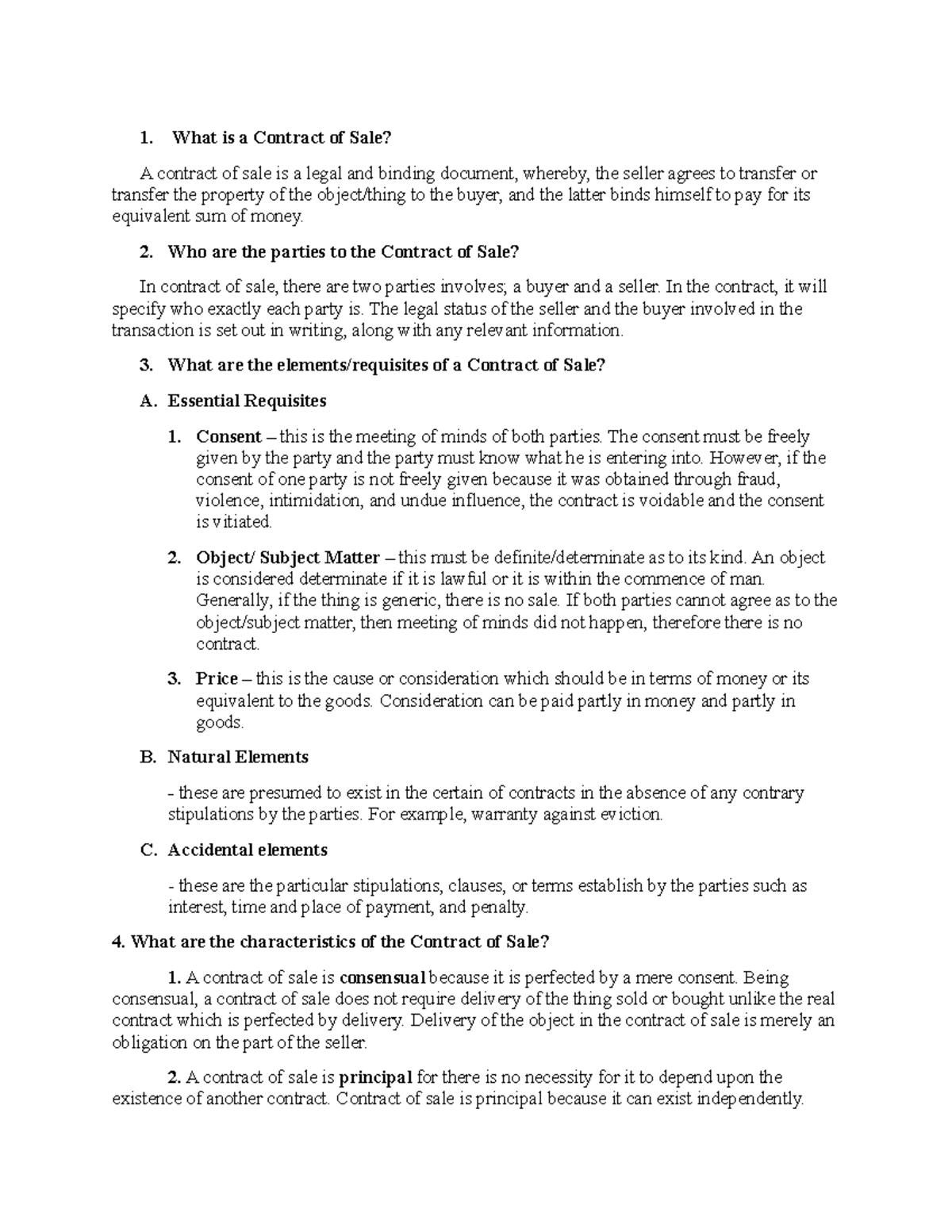Assignment 5 - Contract sale - 1. What is a Contract of Sale? A ...