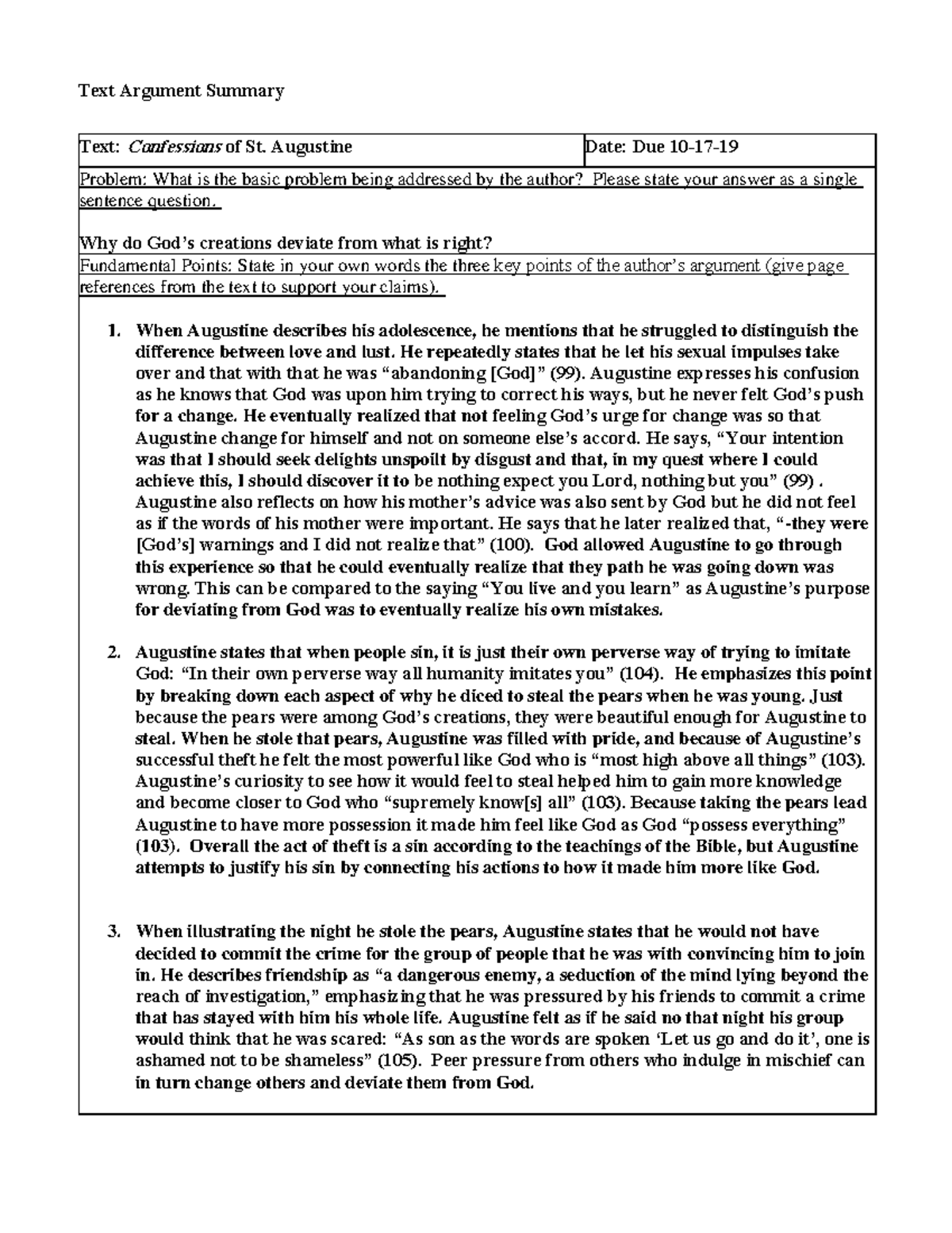 Text Argument Summary #3 - Augustine Date: Due 10-17- Problem: What is ...