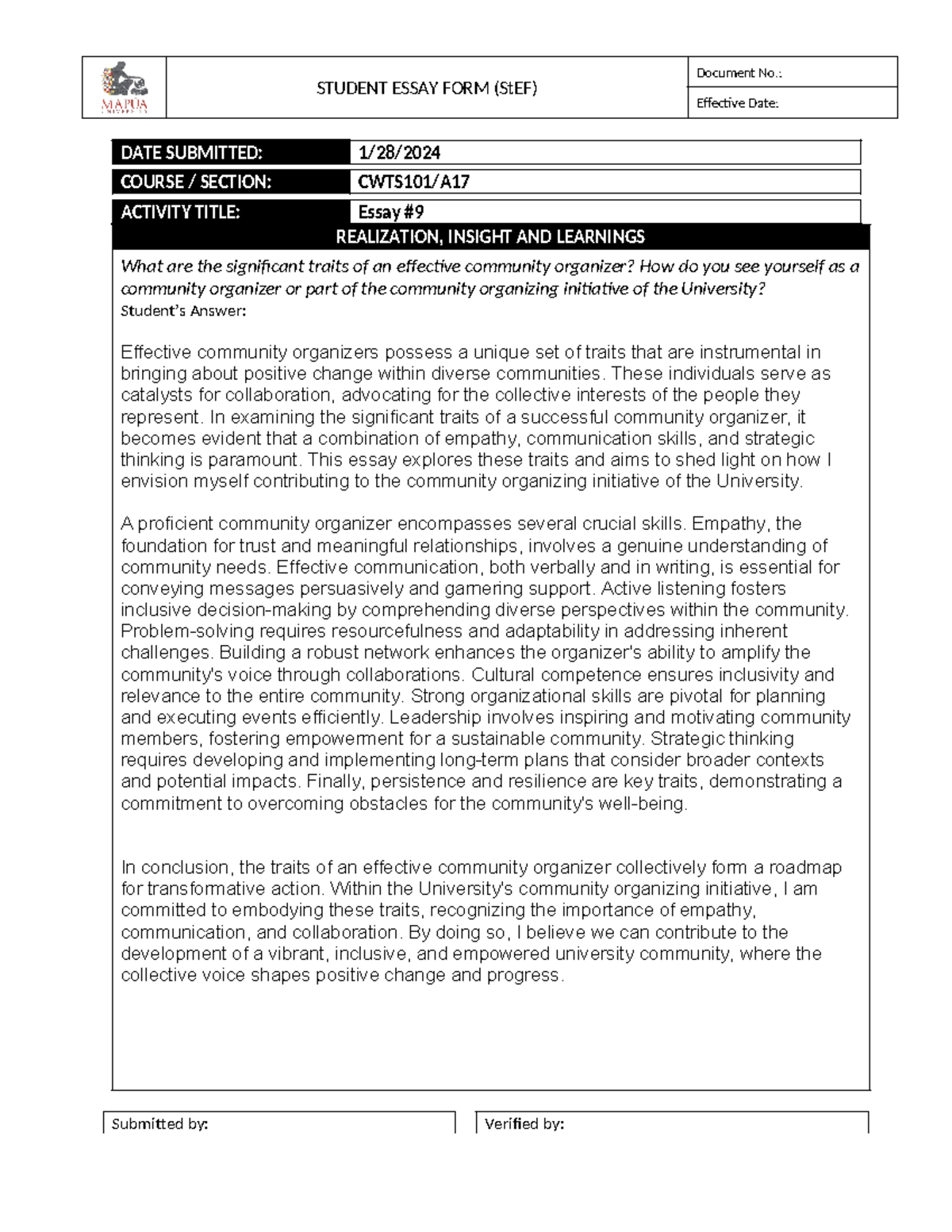 Form - CWTS101 Essay #9 - STUDENT ESSAY FORM (StEF) Document No ...