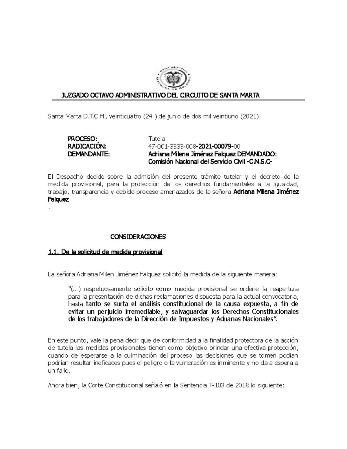 Medida provisional - JUZGADO OCTAVO ADMINISTRATIVO DEL CIRCUITO DE ...