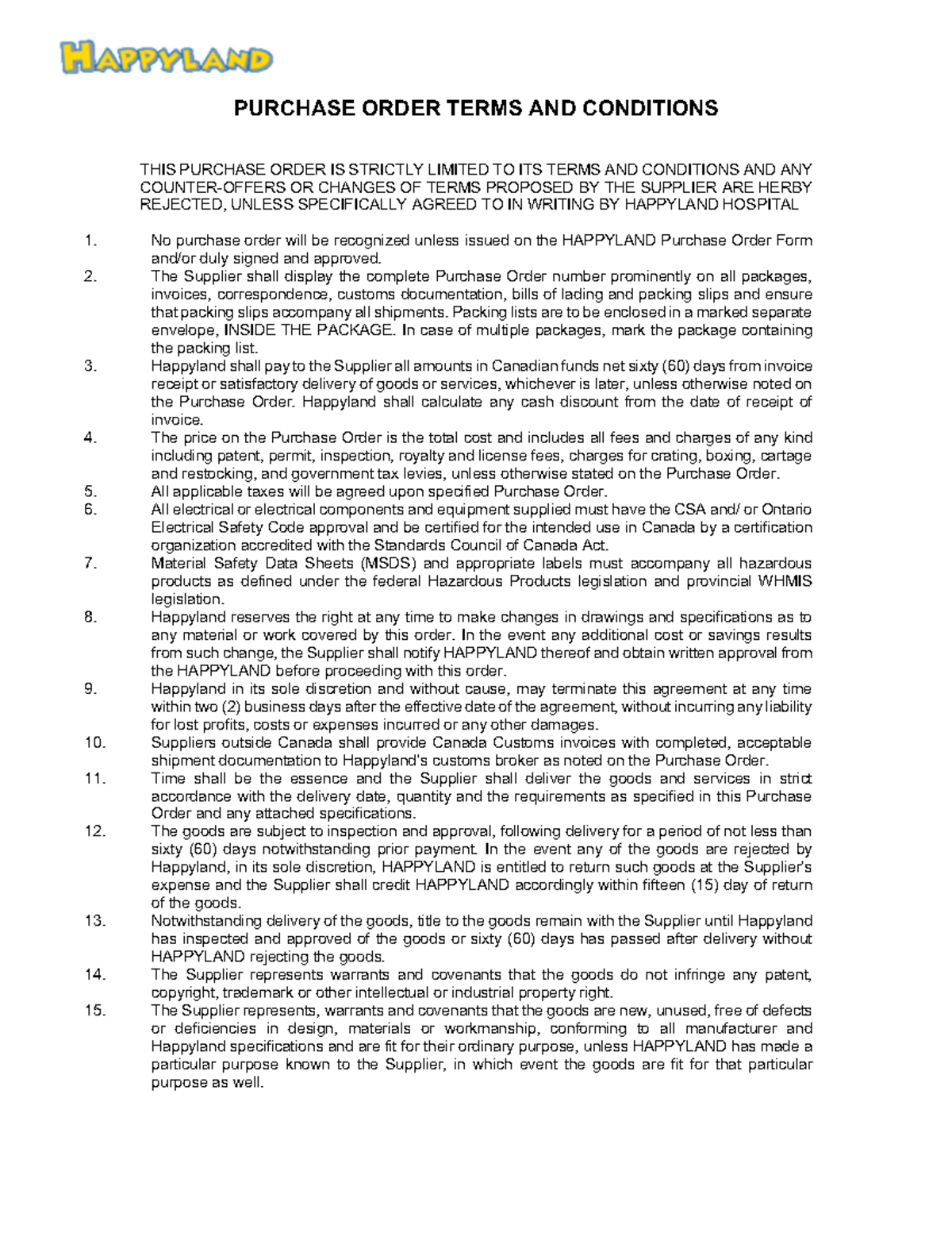 Happyland Purchase Order Terms AND Conditions - PURCHASE ORDER TERMS ...