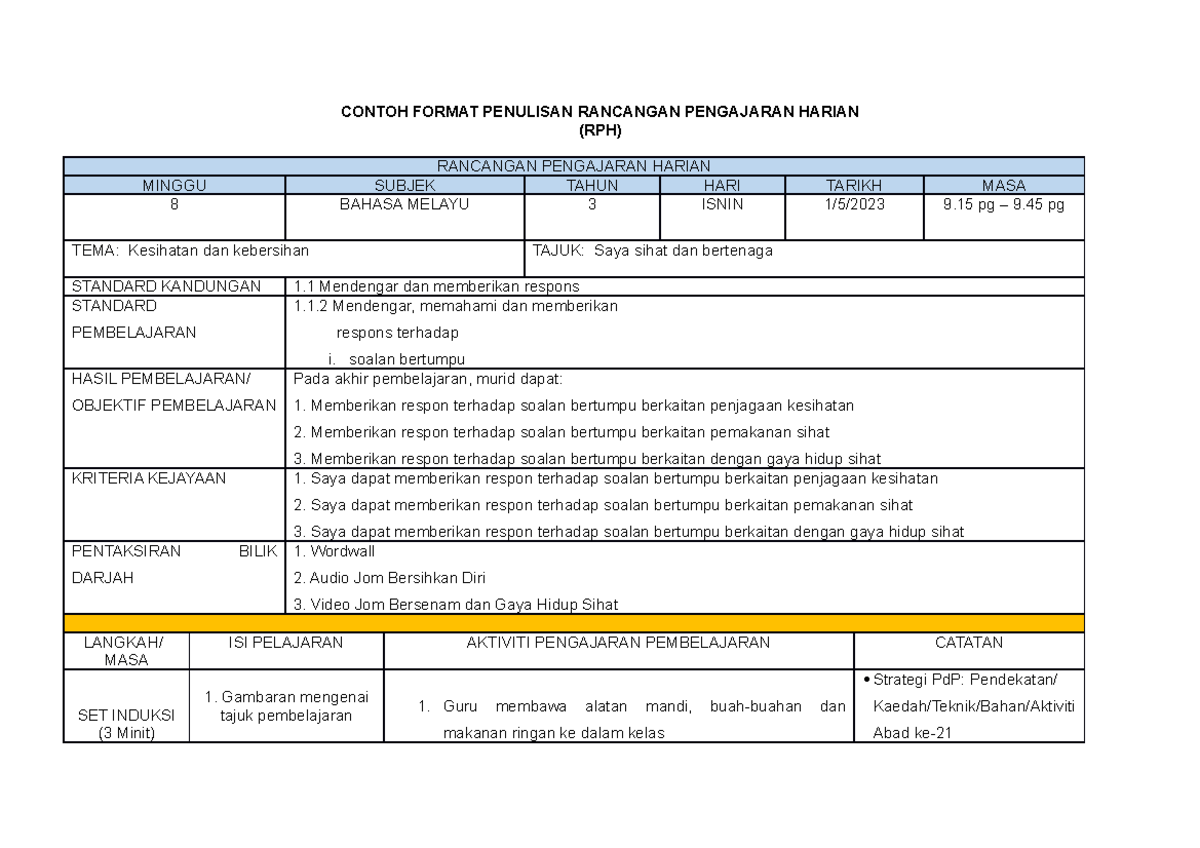 RPH Minggu 8 Tahun 3 Senam (tuto) - CONTOH FORMAT PENULISAN RANCANGAN ...