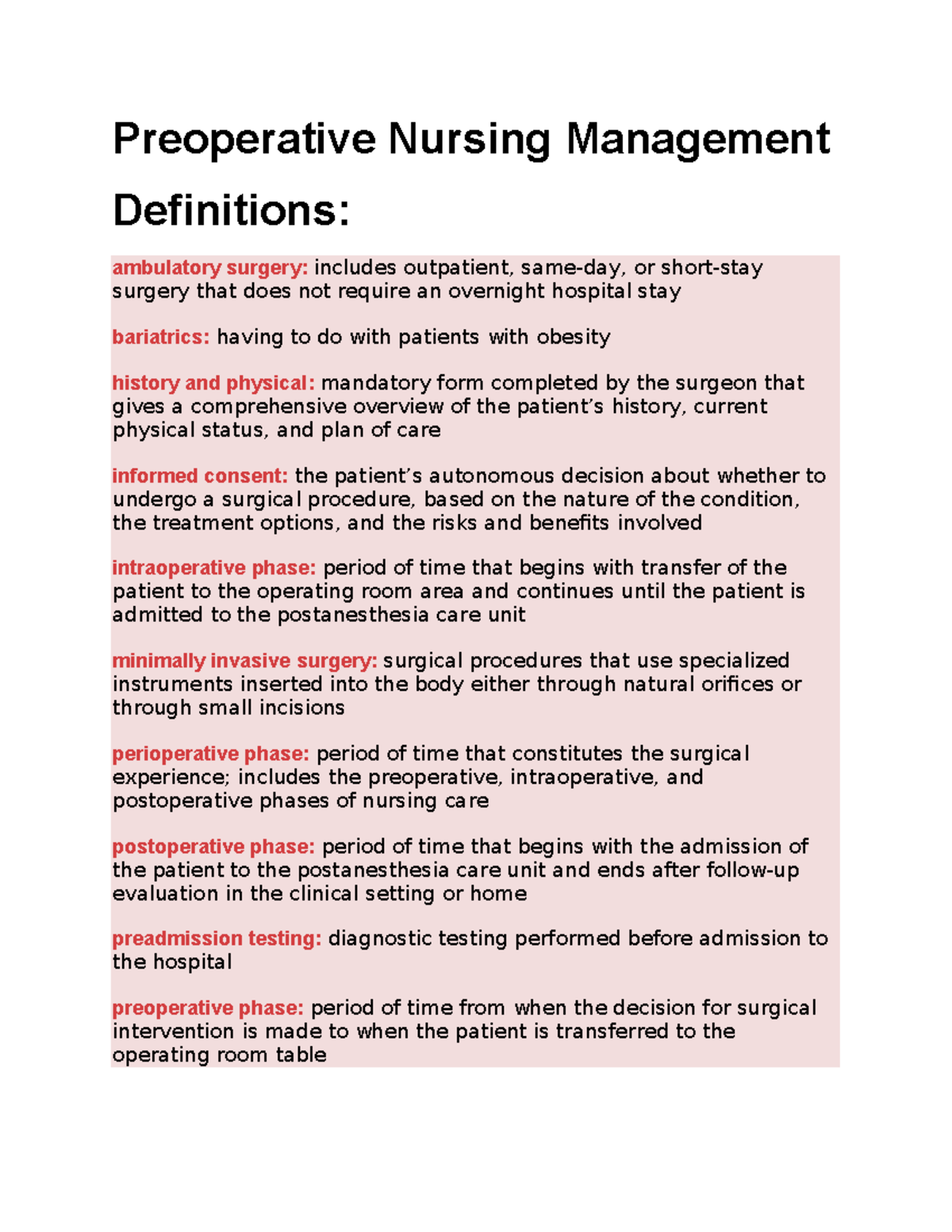 Preop Phase Surgical care patient exam 1 - Preoperative Nursing ...